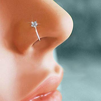 Qiaoying Silver Gold Thin Diamond Flower Clear Crystal Nose Ring Stud Hoop-Sparkly Crystal Nose Ring (2 pcs)