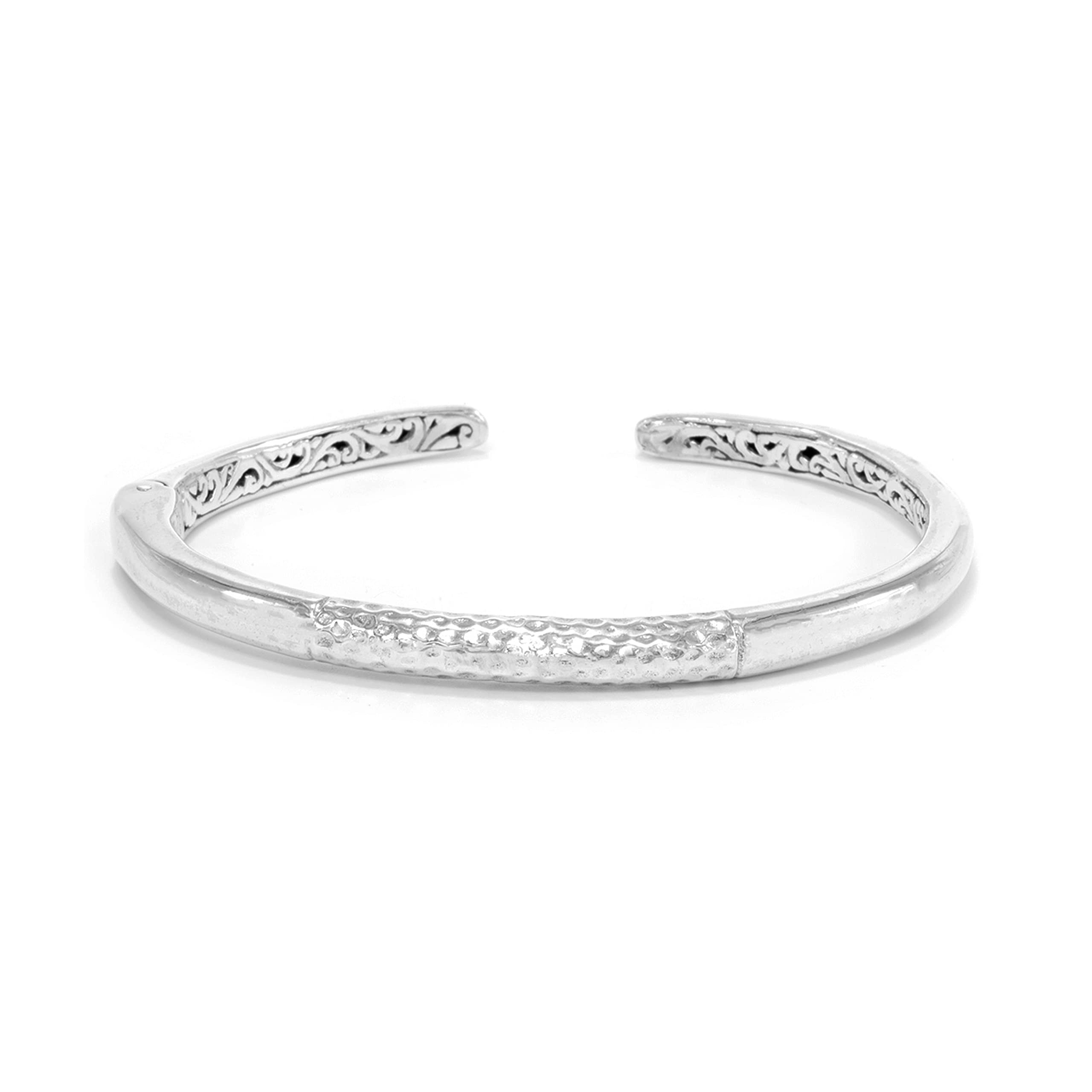 Sarda - .925 Sterling Silver High Polish & Hammered Oval Kickback Bracelet - Handmade by Bali Artisans - Size 7-1/4"