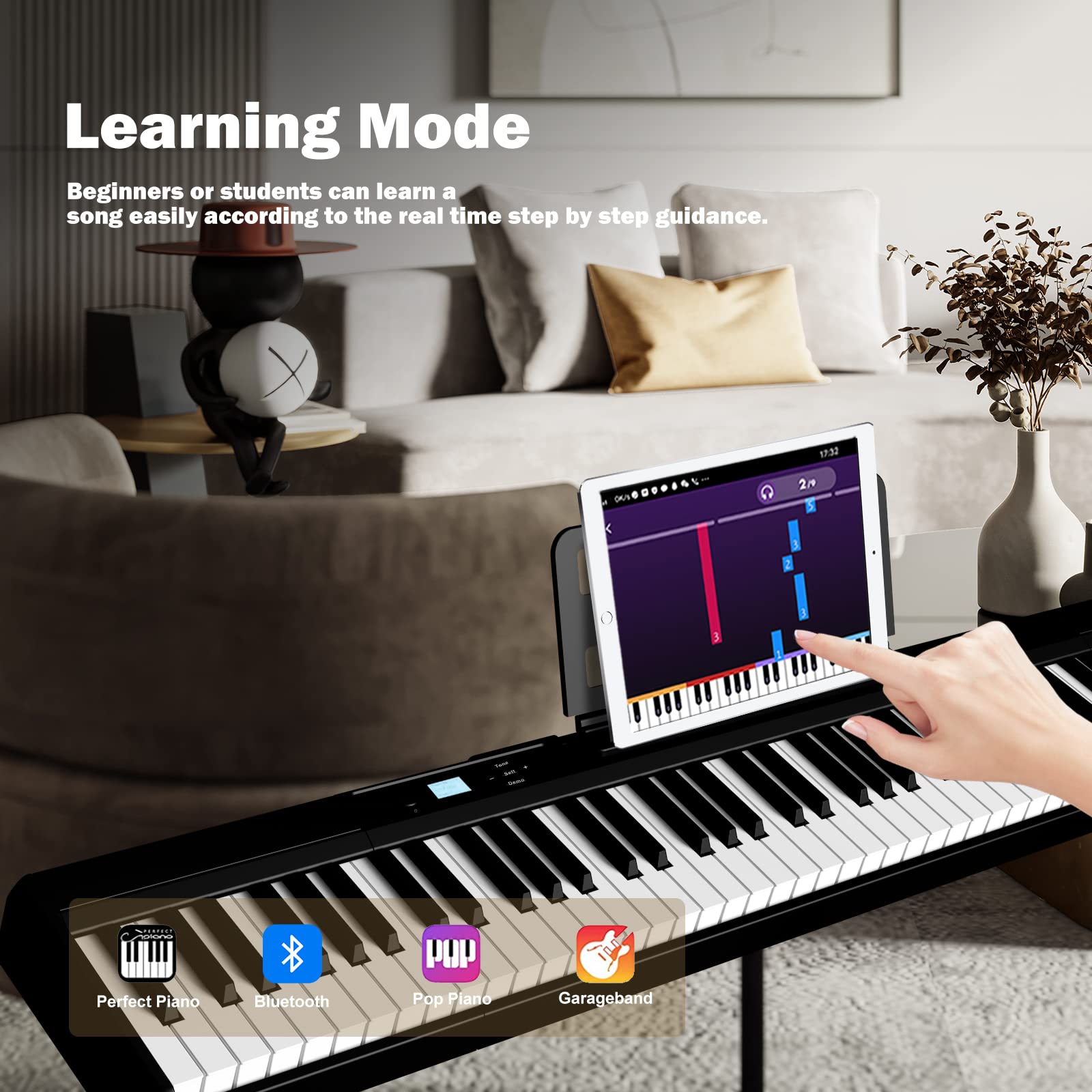 Upgrade Imitation Wood Texture Keyboard Grain Touch Sensitive 88 keys Keyboard with Bluetooth MIDI for Adult - Pearl White