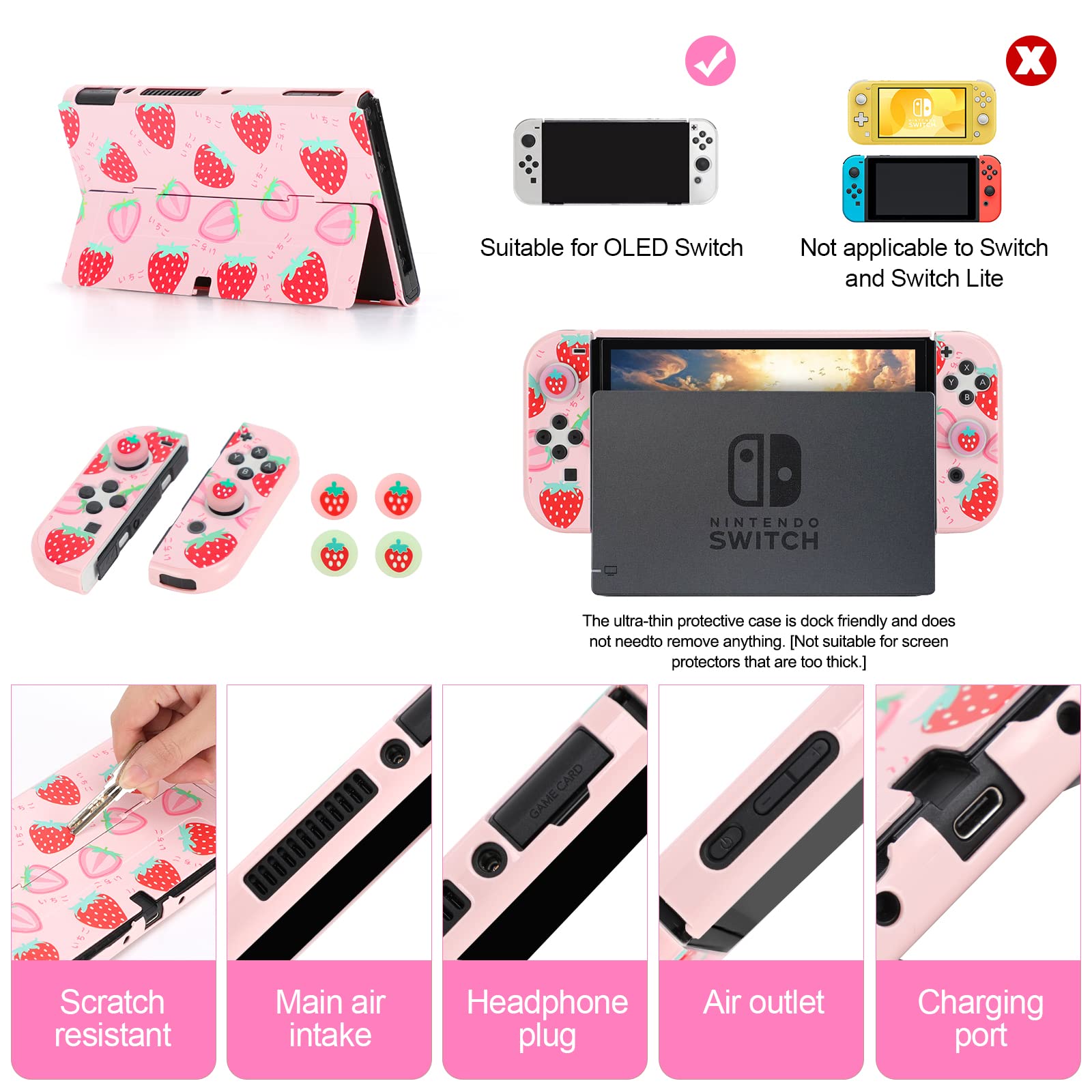 WELWEL Welwel Strawberry Carrying Case and Protective Case Compatible with Switch(OLED Model), switch accessories-Adjustable Strap, Screen Protectors, Thumb Grip caps, pink