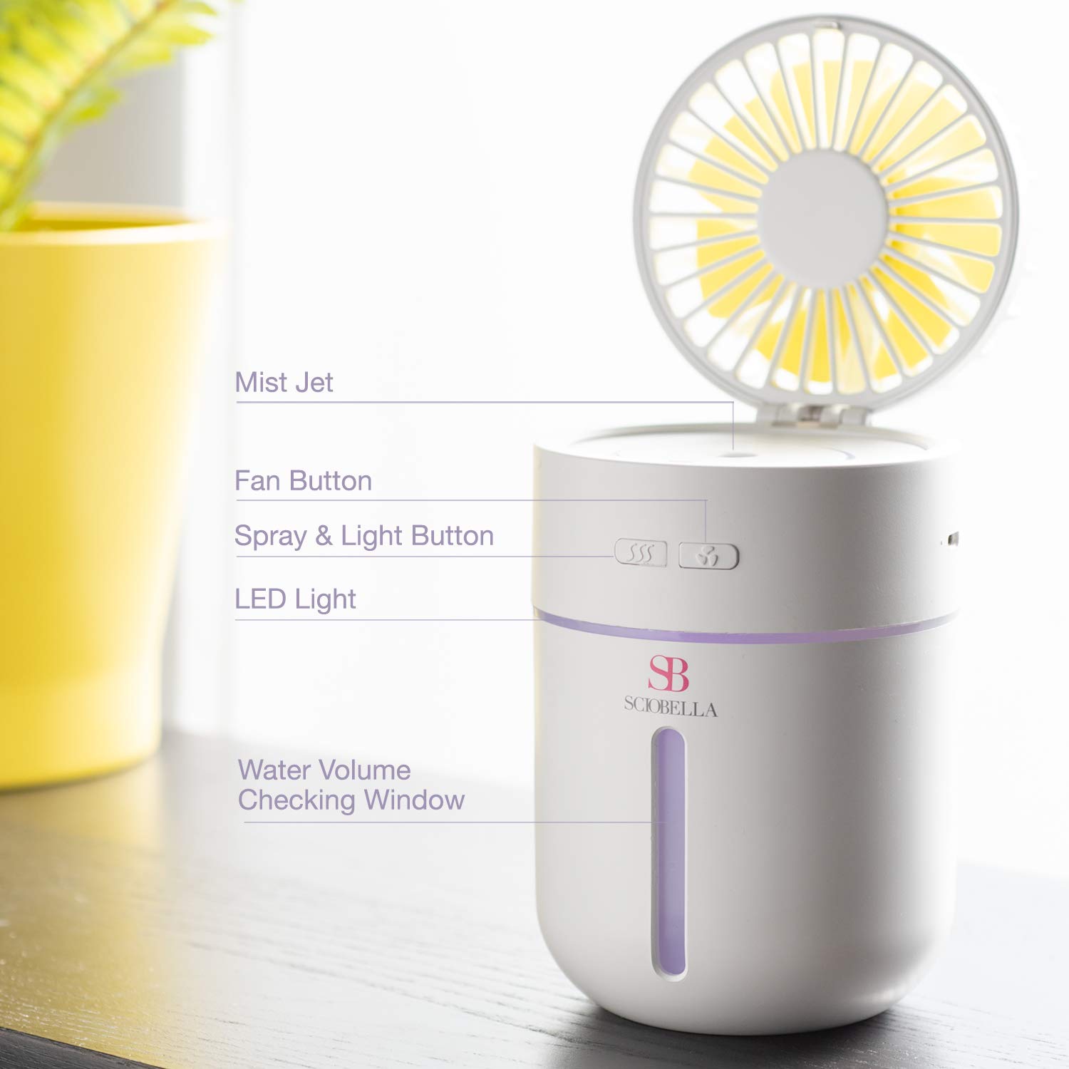 Sciobella Mini Portable Cool Mist Humidifier with Fan for Bedroom Office Desk Travel Car Hotel 400ml 2 Mist Mode 7 LED Night Light 3 Fan Speed Setting USB Rechargeable Auto Shut-off