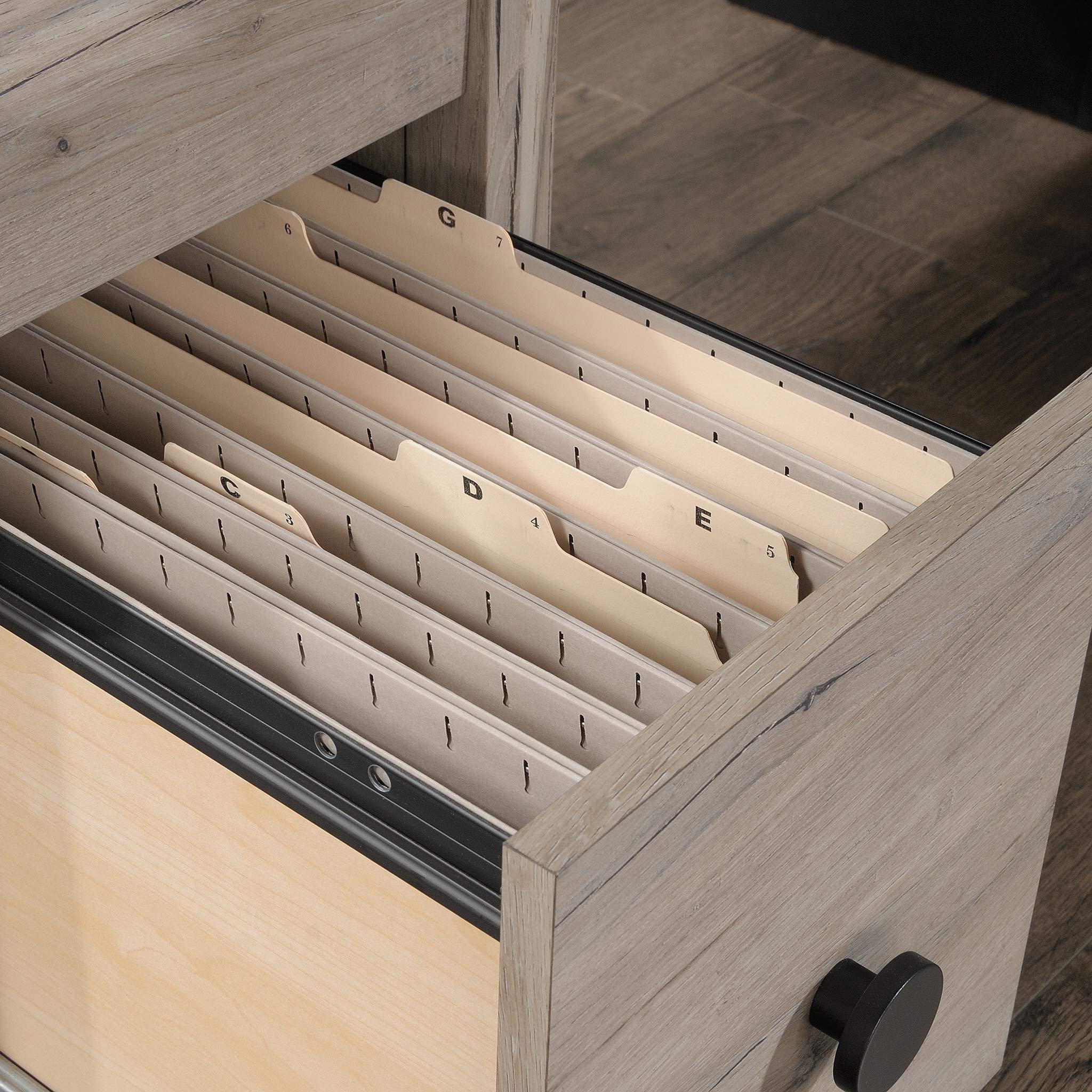 Sauder Linden Market L-Desk, L: 59.055" x W: 59.055" x H: 30.039", Split Oak Finish