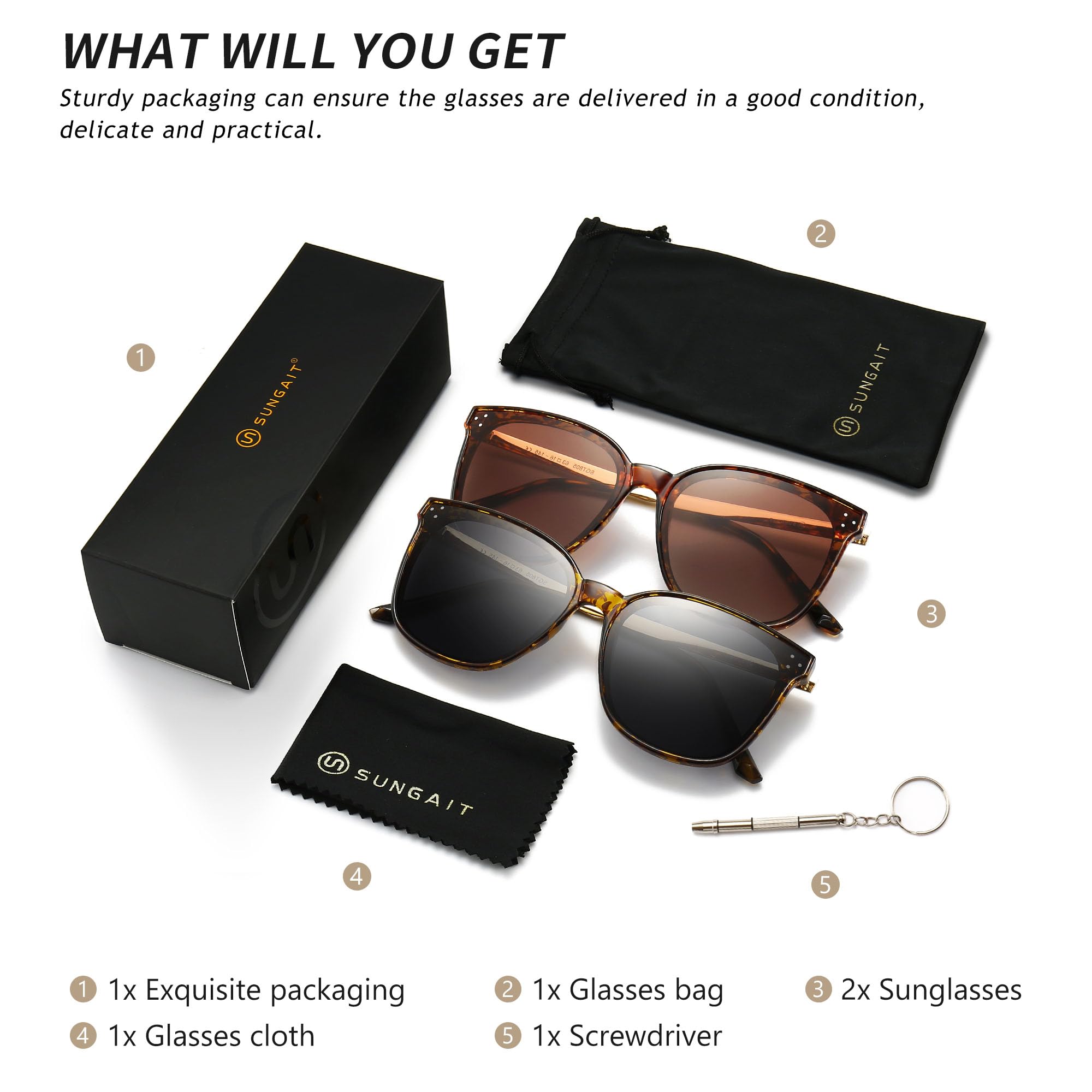 SUNGAIT Classic Square Sunglasses for Women Men Retro Round Polarized Shades Large Frame UV400 Sun Glasses