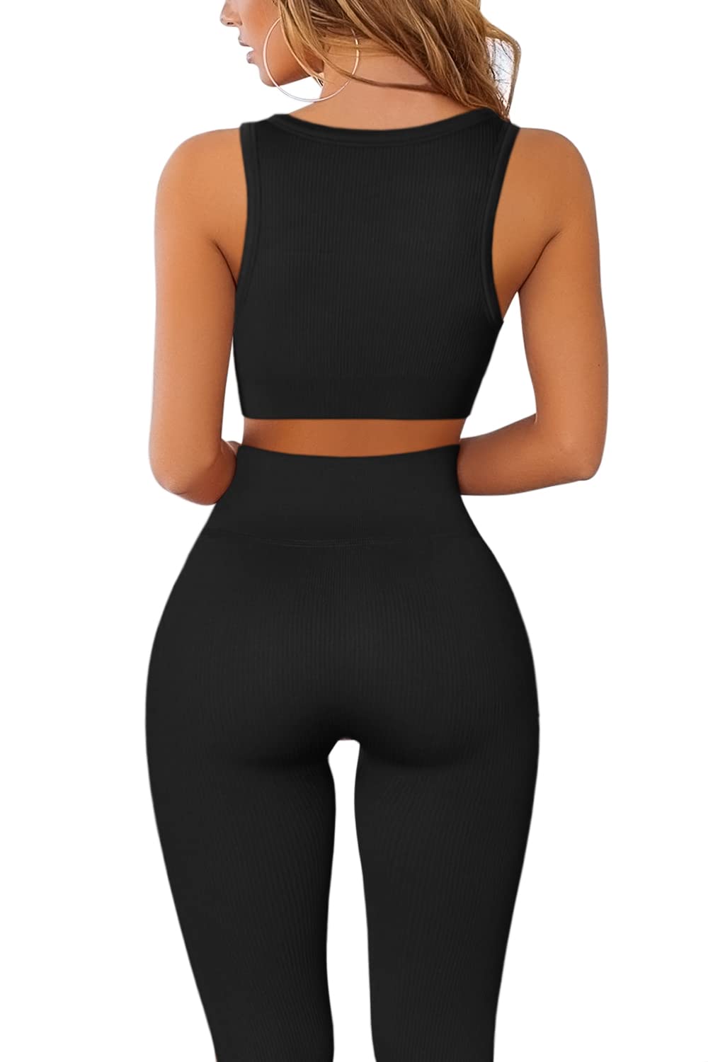 QINSEN Workout Leggings for Women High Waist,Seamless Workout Bra 2 Piece Outfits Set Black M
