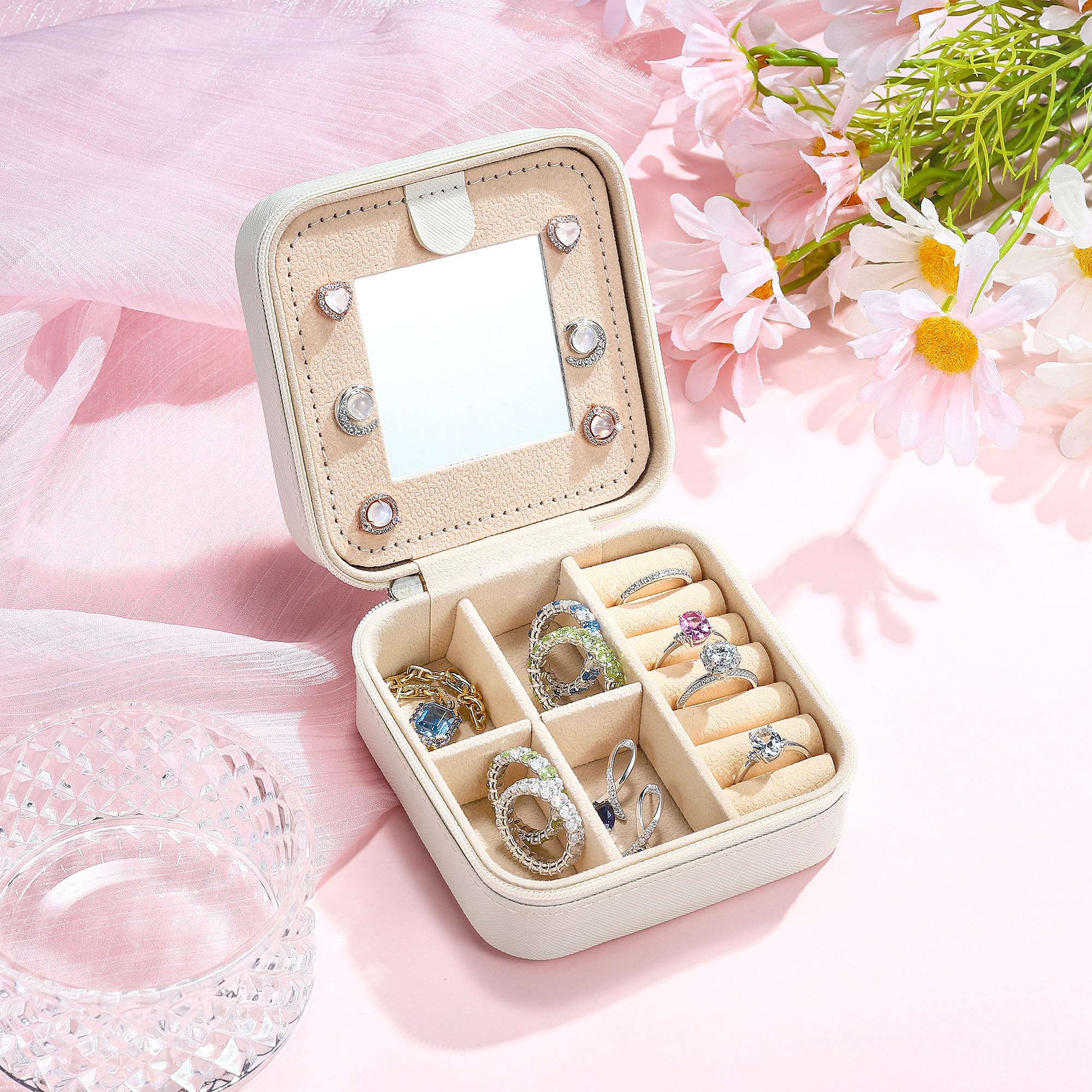 Parima Personalised Initial Jewelry Box, White Jewelry Boxes for Travel - Ring Holder, Earring Holder, Beach Vacation Essentials