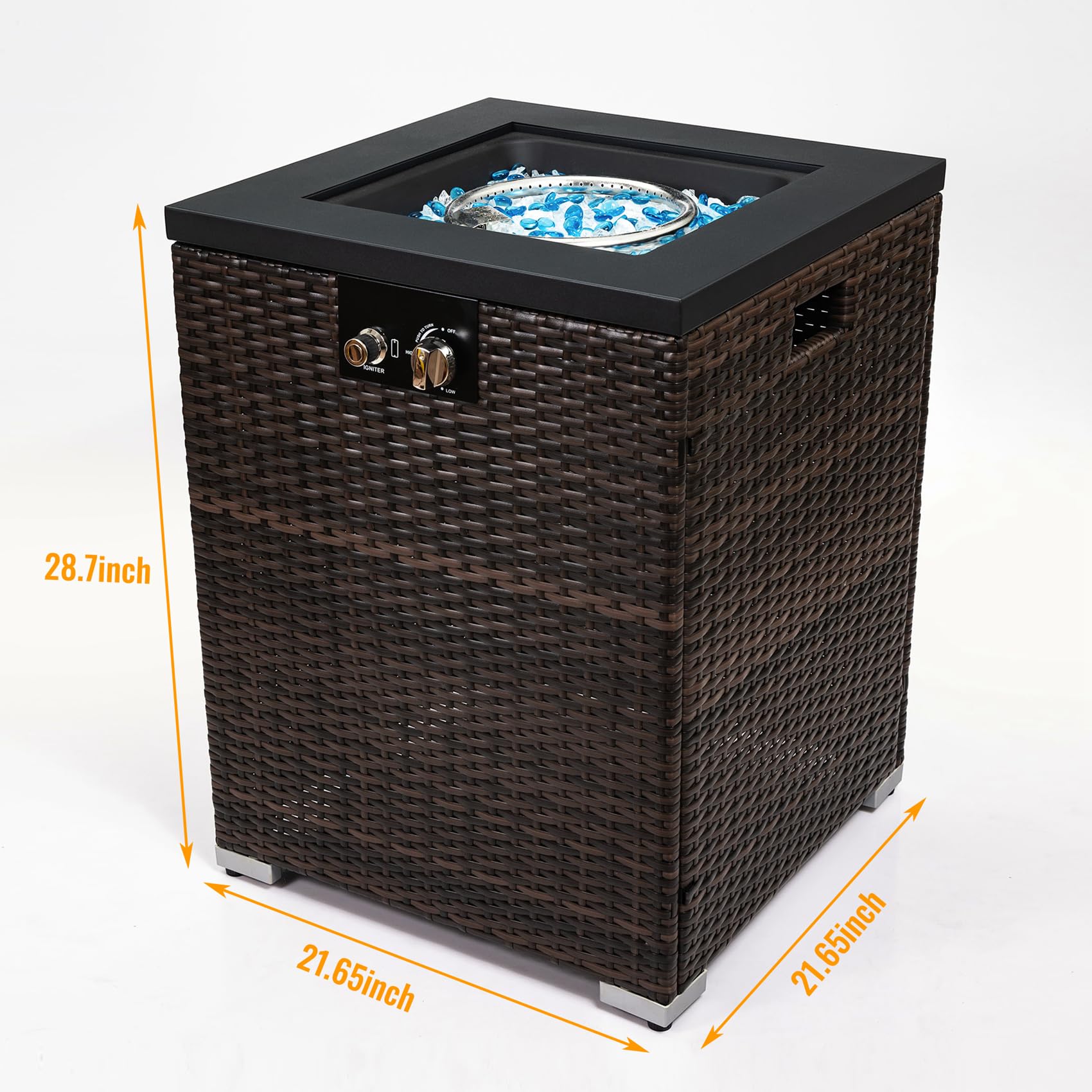 Propane Fire Pit Table, 40,000 BTU Gas Fire Pit, Wicker Patio Outdoor Fire Table, 22 Inch Square Gas Firepits for Outsides with ETL Certification, Glass Wind Guard, Glass Rocks, Lid, Cover, Brown