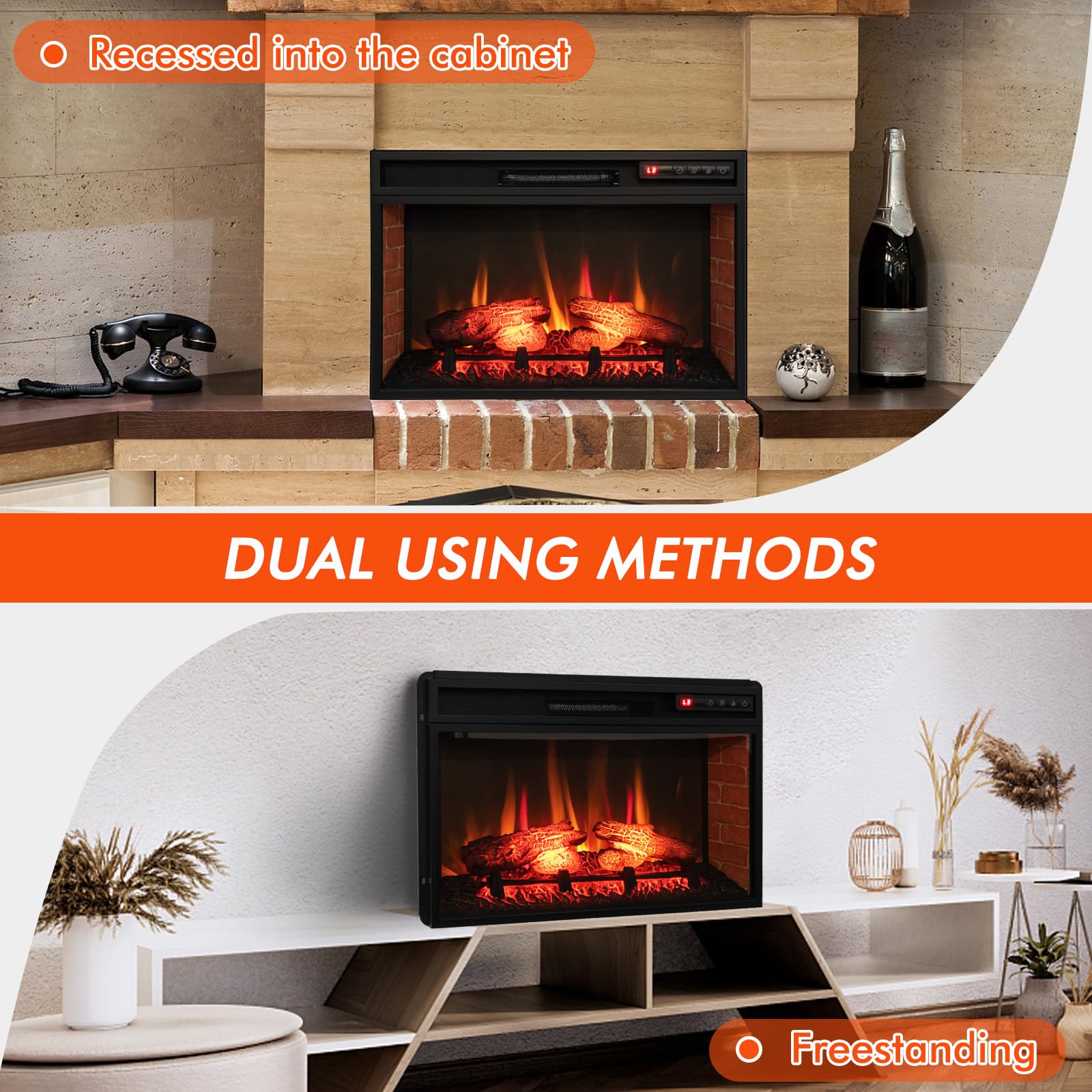Tangkula 26 Inch 1400W Electric Fireplace Insert, 4777 BTU Recessed Freestanding Fireplace Heater with Remote Control, 3-Level Flame Effect, Overheat Protection (Black)