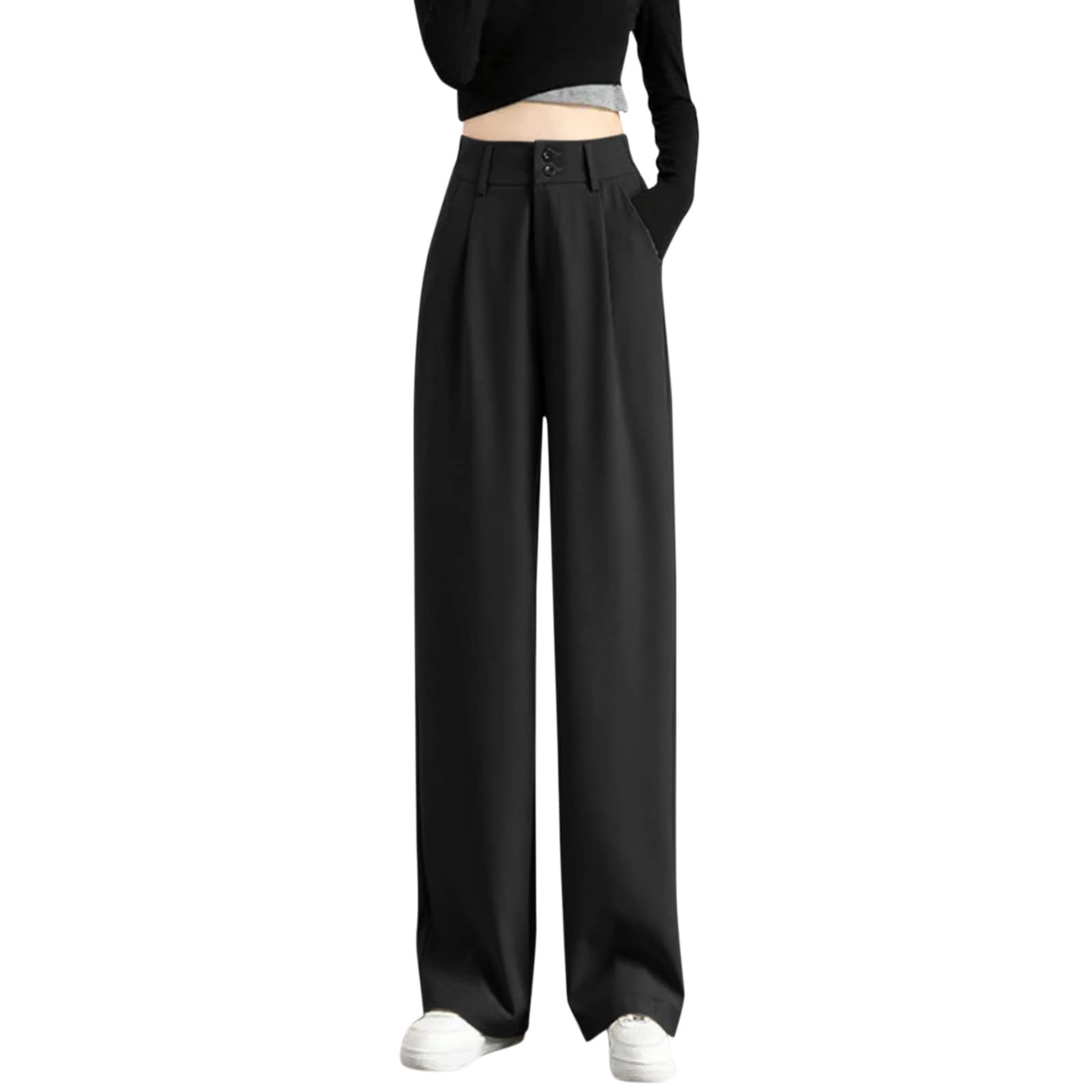 Women's Wide Leg Pants High Elastic Waisted in The Back Business Work Trousers Long Straight Fleece Sweatpants