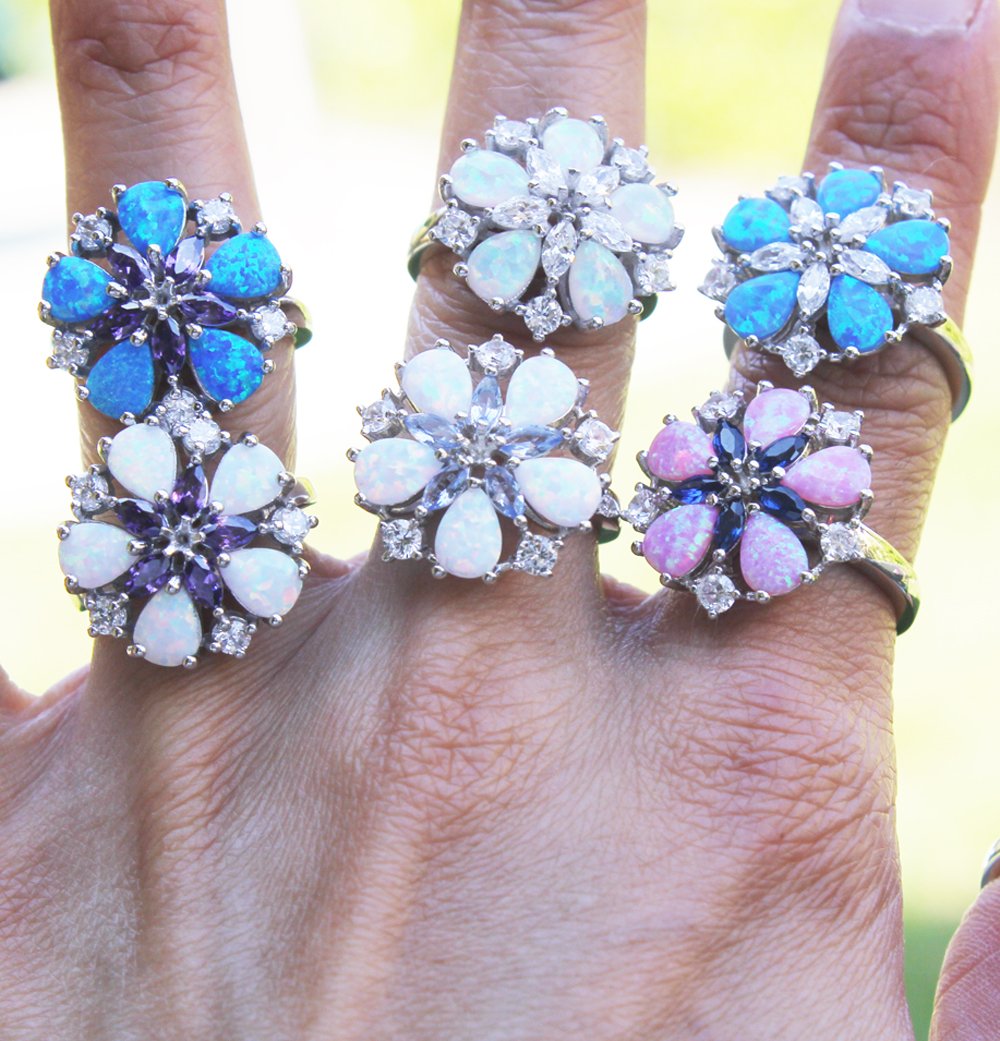 Oxford Diamond Co Gorgeous Lab Created Blue Fire Opal & Cubic Zirconia Flower .925 Sterling Silver Ring Sizes 8 SRO16905