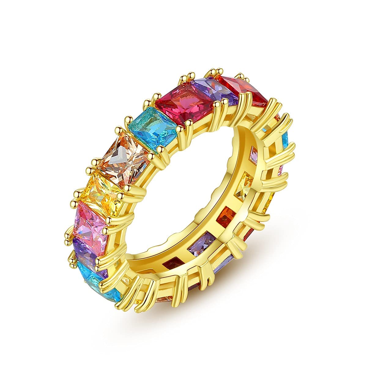 TEEMI-18K Gold Plated Cubic Zirconia Emerald Cut Multicolor Rainbow Eternity Ring Band (8)