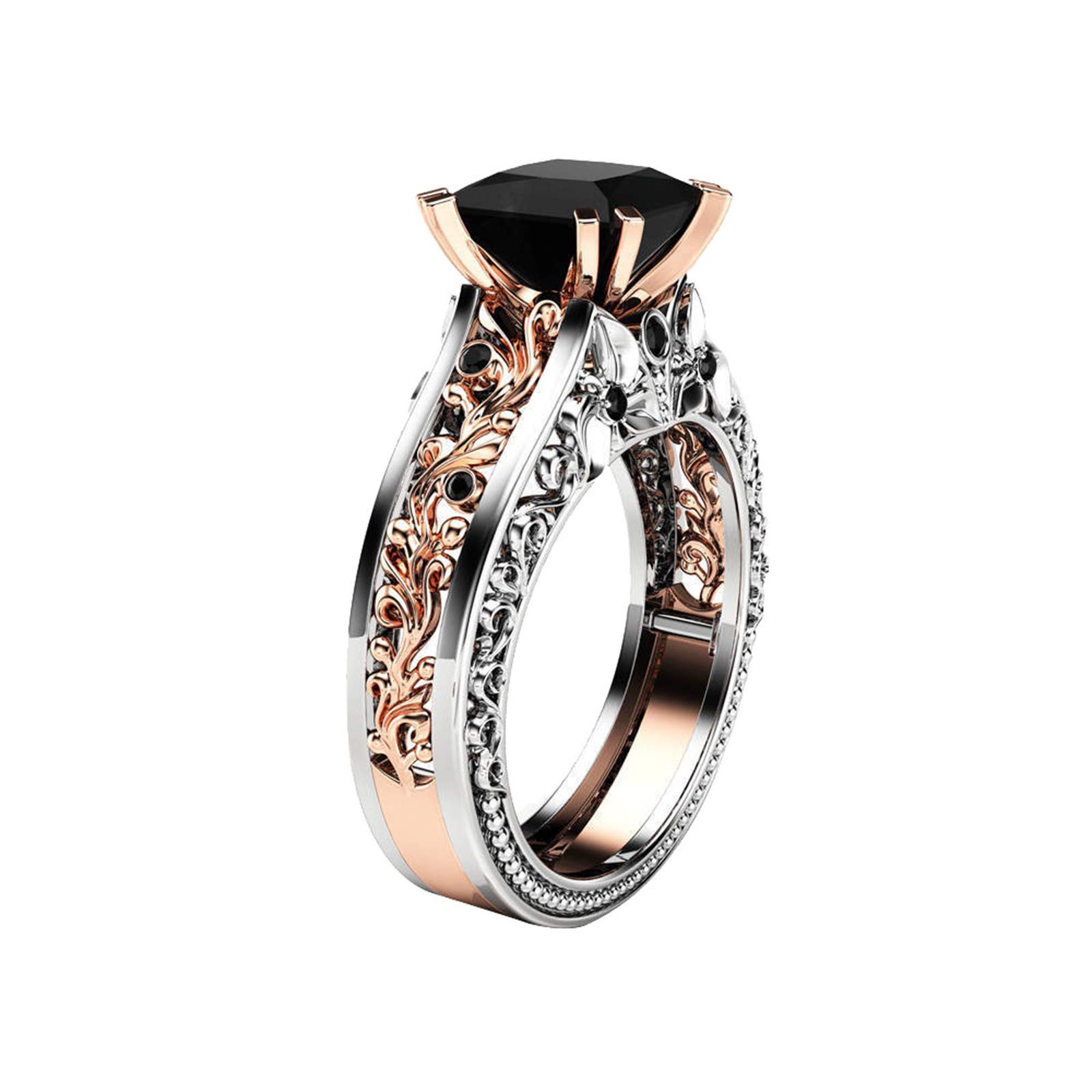 Taswuw Press Cut Gold Black Diamond Engagement Rings for Women Classic Side one Prong Set Diamond Floral Wedding Ring