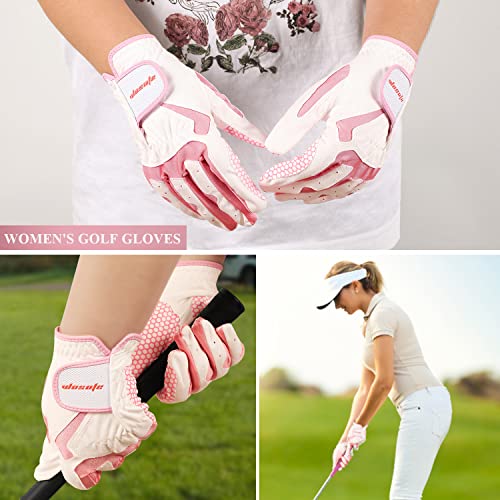 wosofe Golf Gloves Women Both Hands Pair Synthetic PU Soft Silica Gel Non-Slip Ventilation Comfortable Pink Close Fit Fashion (Medium)