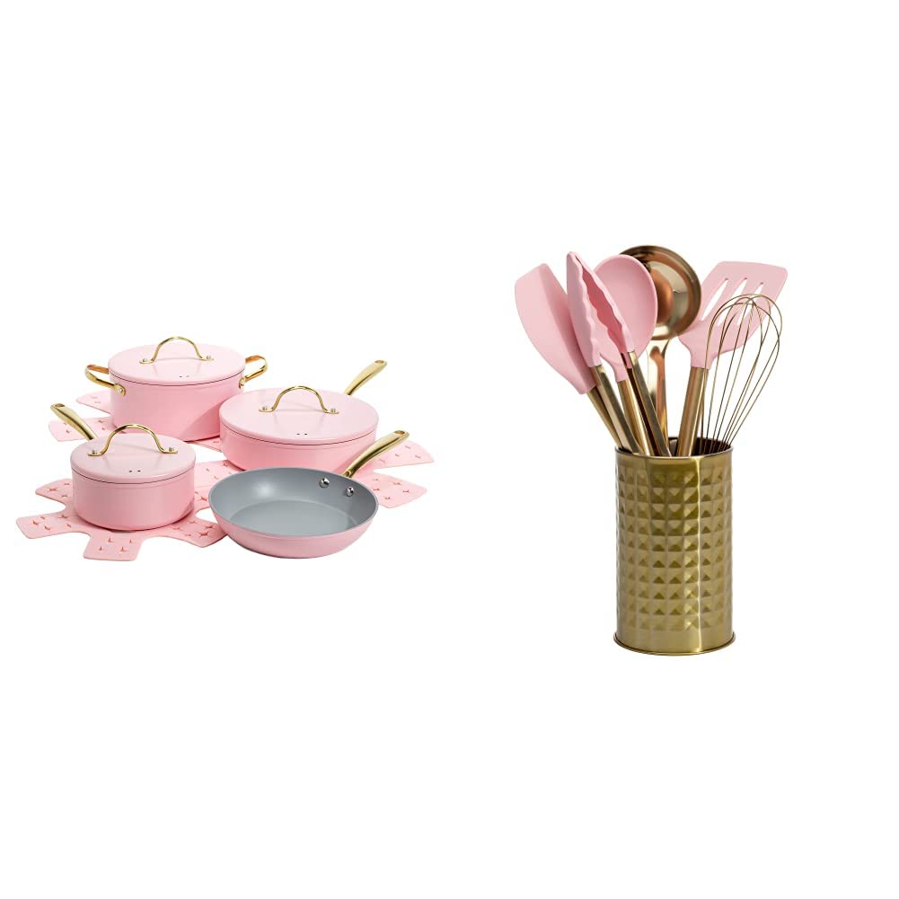 Paris Hilton 10-Piece Pink Cookware Set + 7-Piece Pink Kitchen Tool Set