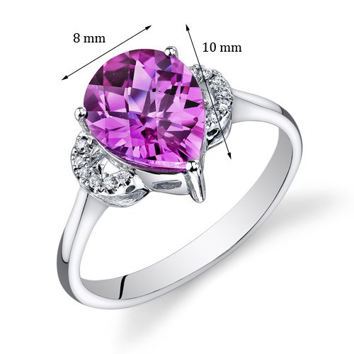 PEORA 14K White Gold 3.05 Carats total Created Pink Sapphire and Genuine Diamond Teardrop Ring for Women, AAA Grade Pear Shape 10x8mm, Comfort Fit