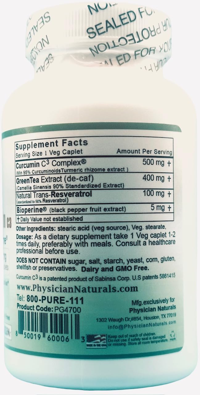 Physician Naturals Green Tea and Curcumin C3 with Resveratrol and Bioperine 1000 mg Supports Immune Joint and Colon Health
