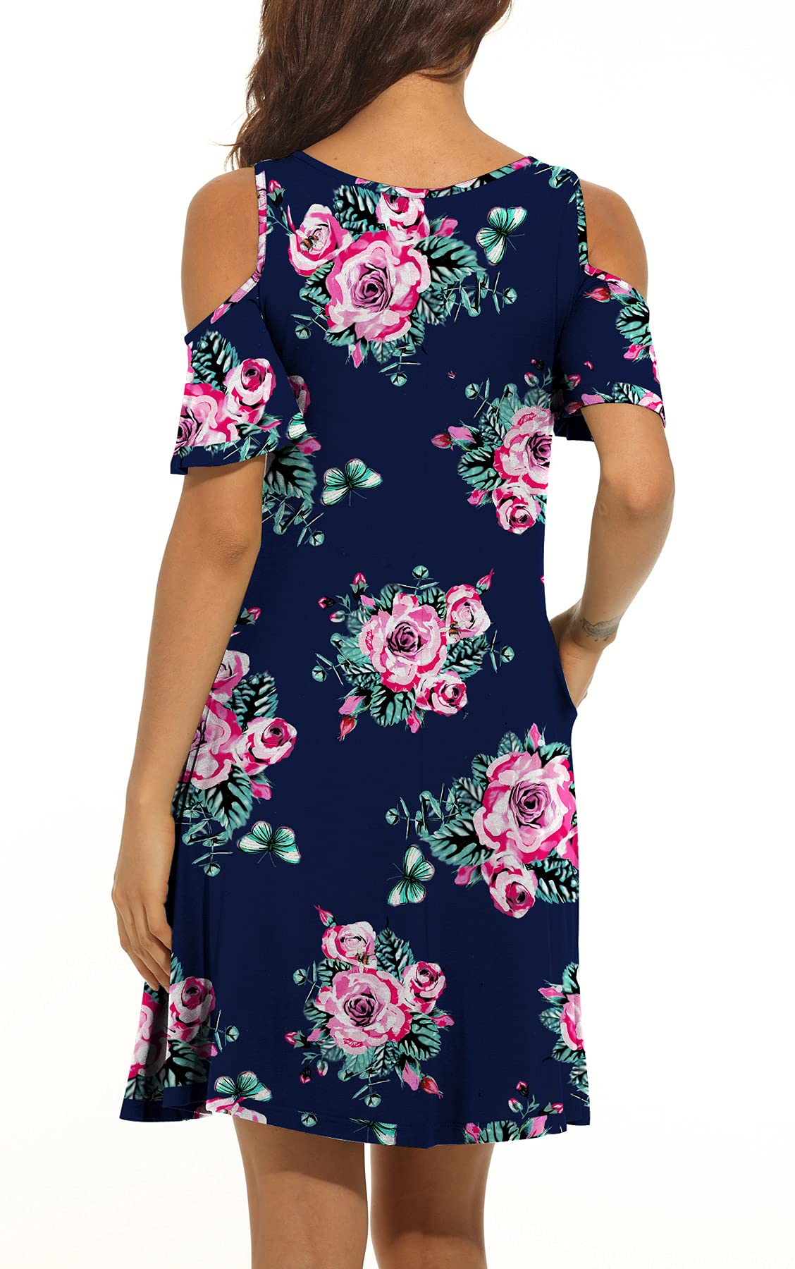 QIXING Women's Summer Cold Shoulder Tshirt Mini Dress Swing Tunic Tops Navy Blue-XL