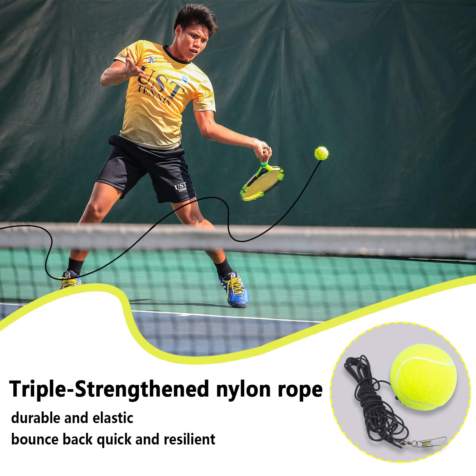 T4U888 Tennis Trainer Rebound Ball, Tennis Practice Trainer Gear Tennis Training Equipment Kit with 1 Trainer Base 4 Elastic Ropes & 4 Balls for Beginners, Kids, Adults