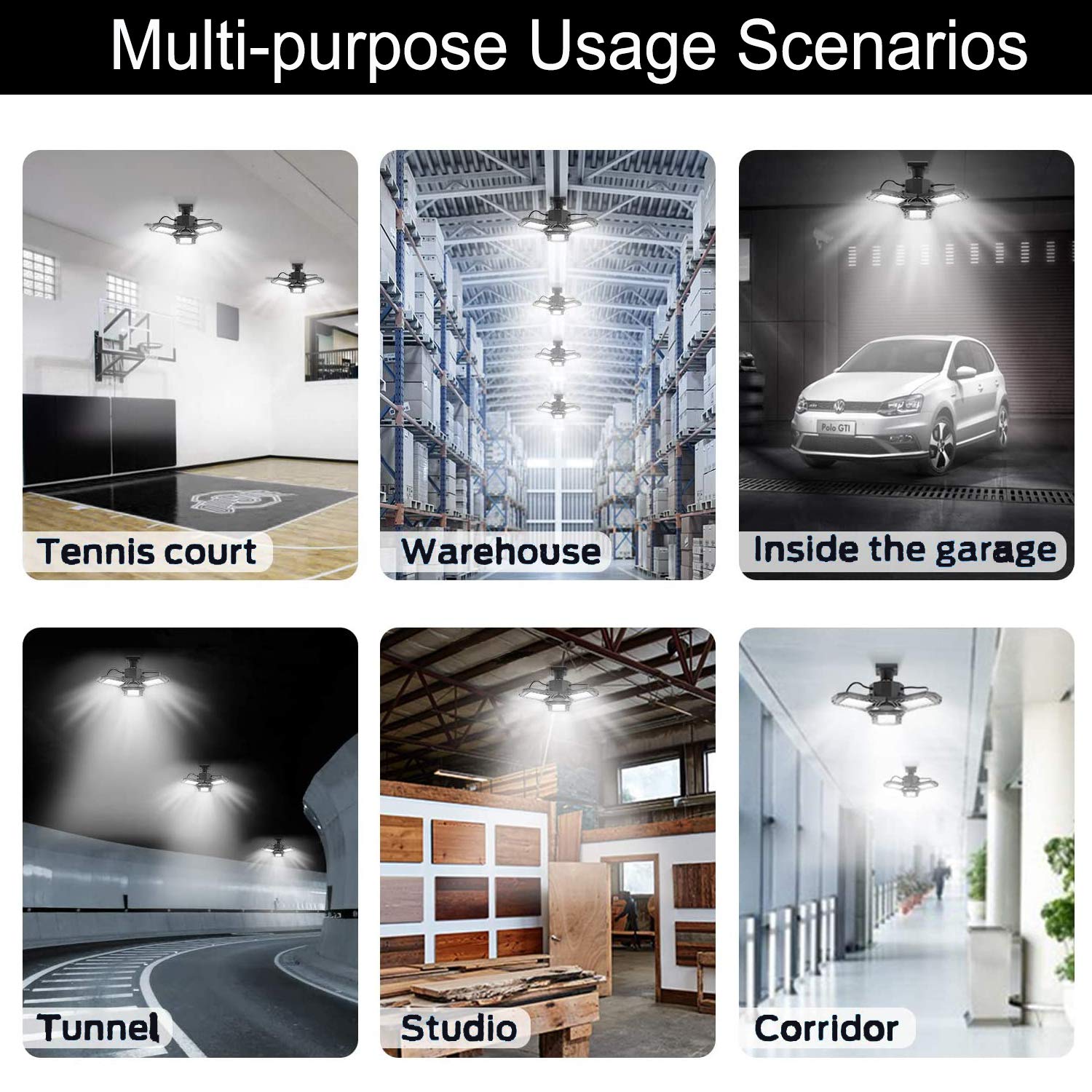 RGZZUP 6 Pack LED Garage Lights 80W,Three Panel Deformable Garage Lighting,8000LM High Bright LED Garage Light 6000K 110V E26/E27 Super Bright Adjustable LED Ceiling Lights for Garages Warehouse