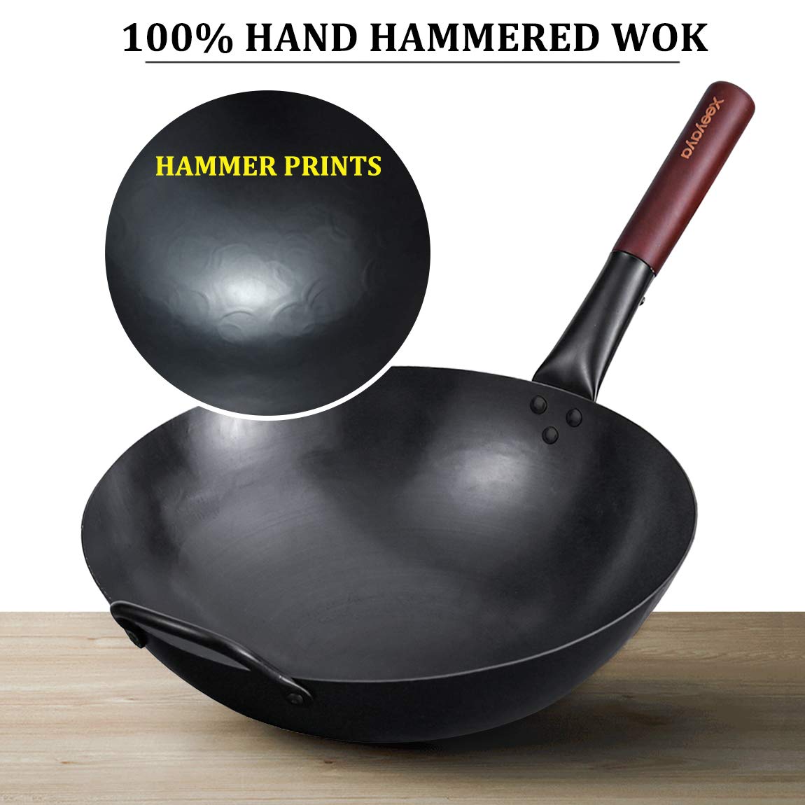 XEEYAYA Carbon Steel Wok Pan with Ring, Chinese Woks and Stir Fry Pans, 14" Large Hand Hammered Traditional Round Bottom Wok