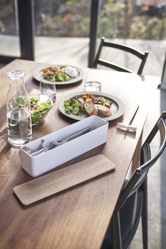YAMAZAKI Home Rin Utensil Case Knife Fork Spoon Silverware Cutlery Holder With Divider, Portable For Kitchen Counter Or Table - Plastic + Wood