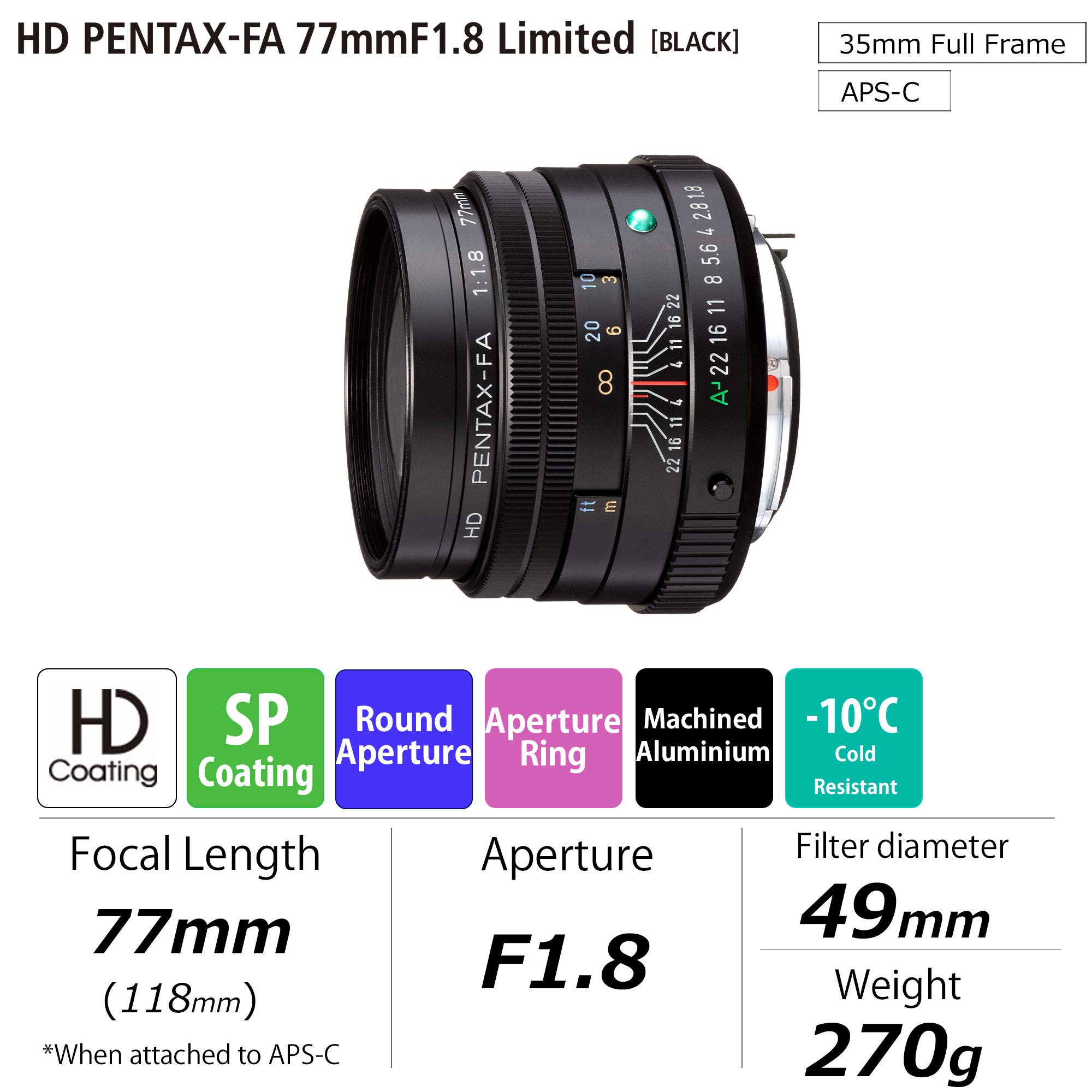 Pentax HD 77mmF1.8 Limited Black Limited Medium telephoto Prime Lens, High-Performance HD Coating, Round Diaphragm (27880)