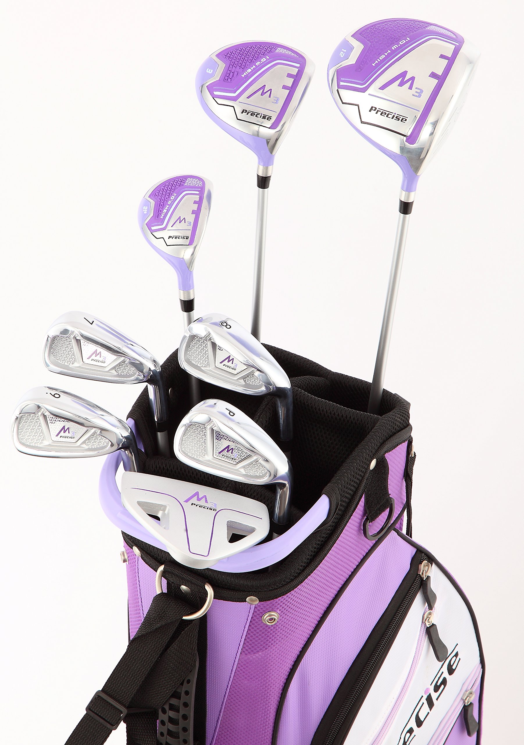Precise M3 Ladies Womens Complete Golf Clubs Set Includes Driver, Fairway, Hybrid, 7-PW Irons, Putter, Stand Bag, 3 H/C's Purple - Regular, Petite or Tall Size! (Petite Size -1", Right Handed)