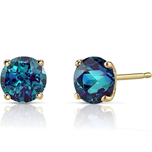Peora 14K Yellow Gold Created Alexandrite Stud Earrings for Women, Color-Changing Round Shape, 6mm, 2 Carats total, Friction Back