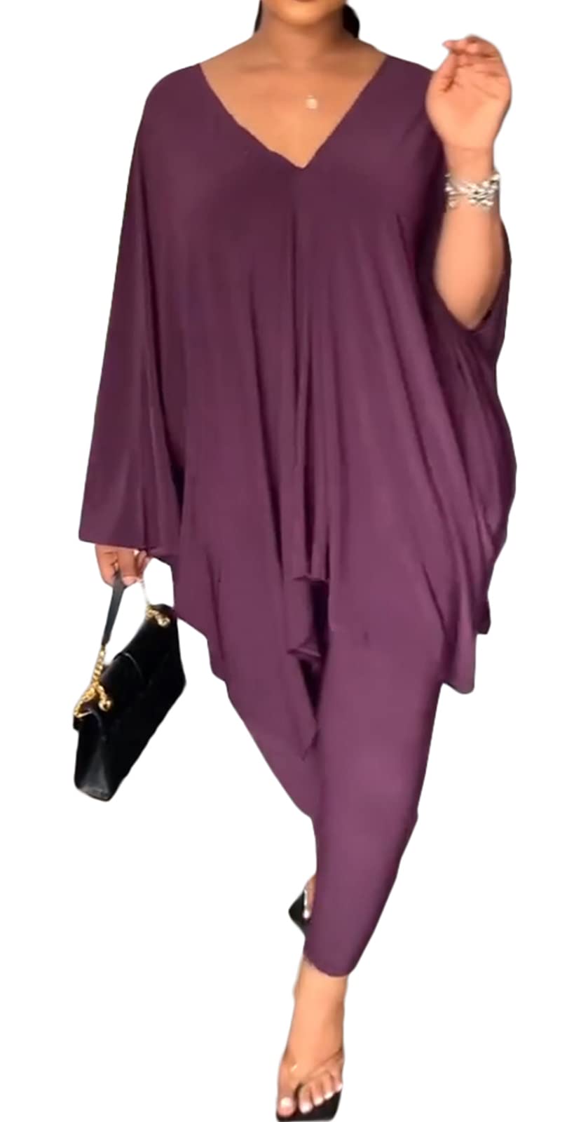 Women’s Casual 2 Piece Outfits Solid V Neck Batwing Sleeve Asymmetric Top Tracksuits Set Bodycon Long Pants 2 Piece Loungewear Purple Large