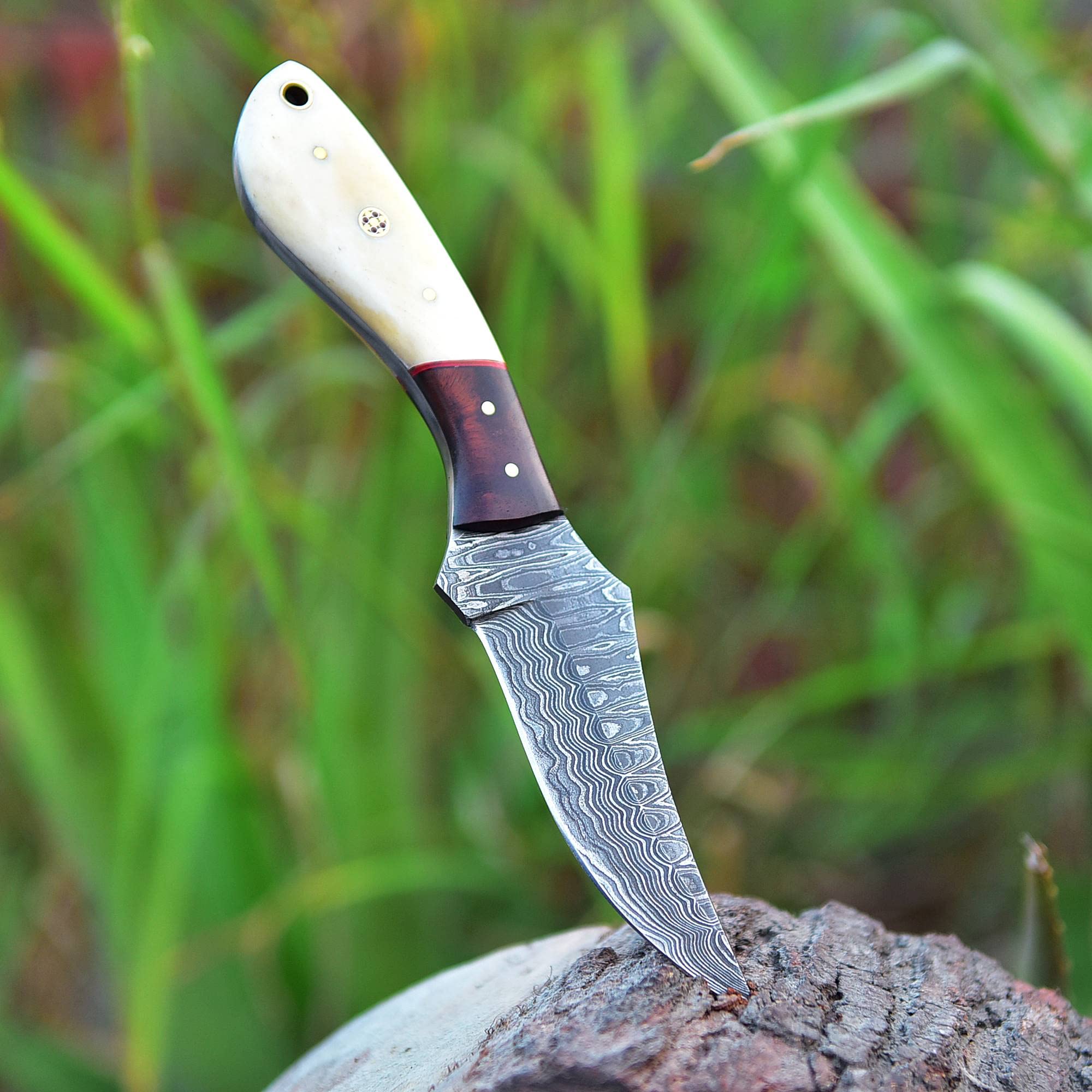 Wolf Craft WOLF CARFT Handmade Damascus Steel Hunting Knife Fixed Blade, Bone & Rose Wood Handle Damascus Steel Knife Skinning Knife With Leather Sheath