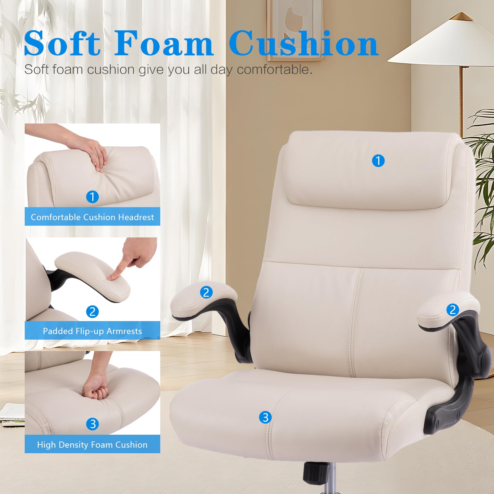 NEWBULIG Ergonomic PU Leather Desk Mid Back Computer Flip Up Armrests Height Adjustable Executive Office Lumbar Support Swivel Task Chair, 20" D x 20" W x 43" H, White