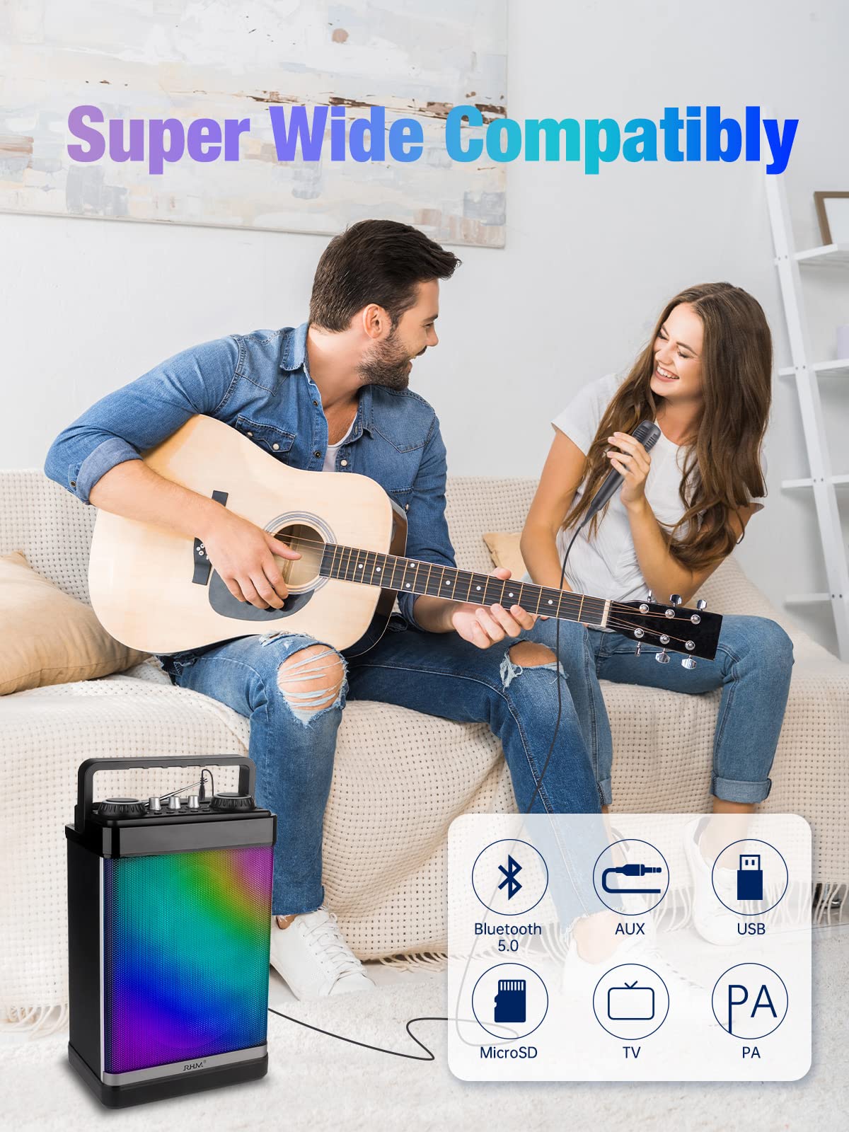 RHM K112 Karaoke Machine with 6 Color Change, Portable Bluetooth Speaker with Microphone, LED Lights & Rechargeable Battery, Support Bluetooth/AUX/USB/SD/FM Radio for Home, Party, Picnic
