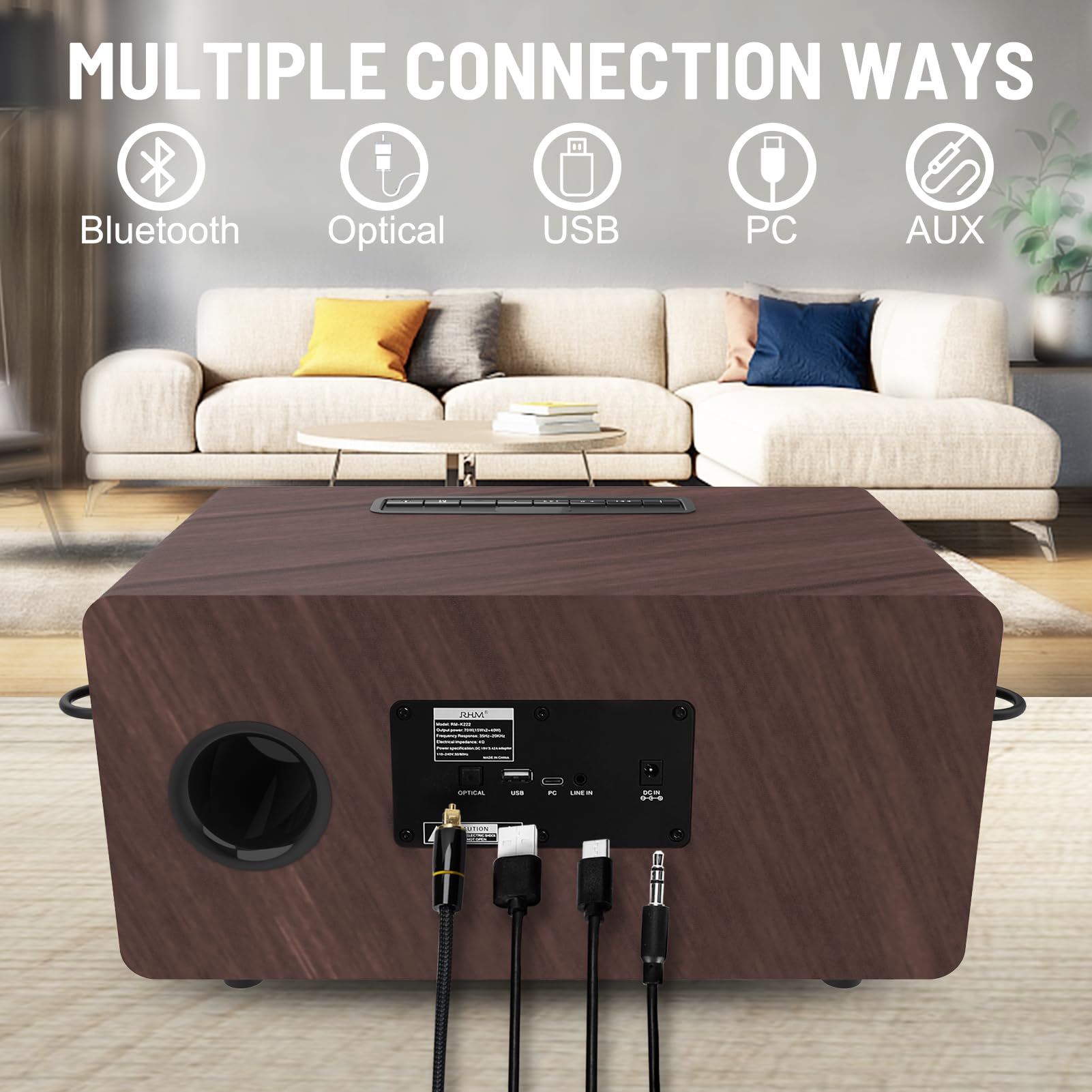 RHM K222 Karaoke Machine with 2 UHF Wireless Microphones & 5 Sound Modes, Support Optical/Bluetooth/AUX/USB/PC, Wooden Home Karaoke Singing Machine for TV, Home, Karaoke, Singing Party, Christmas