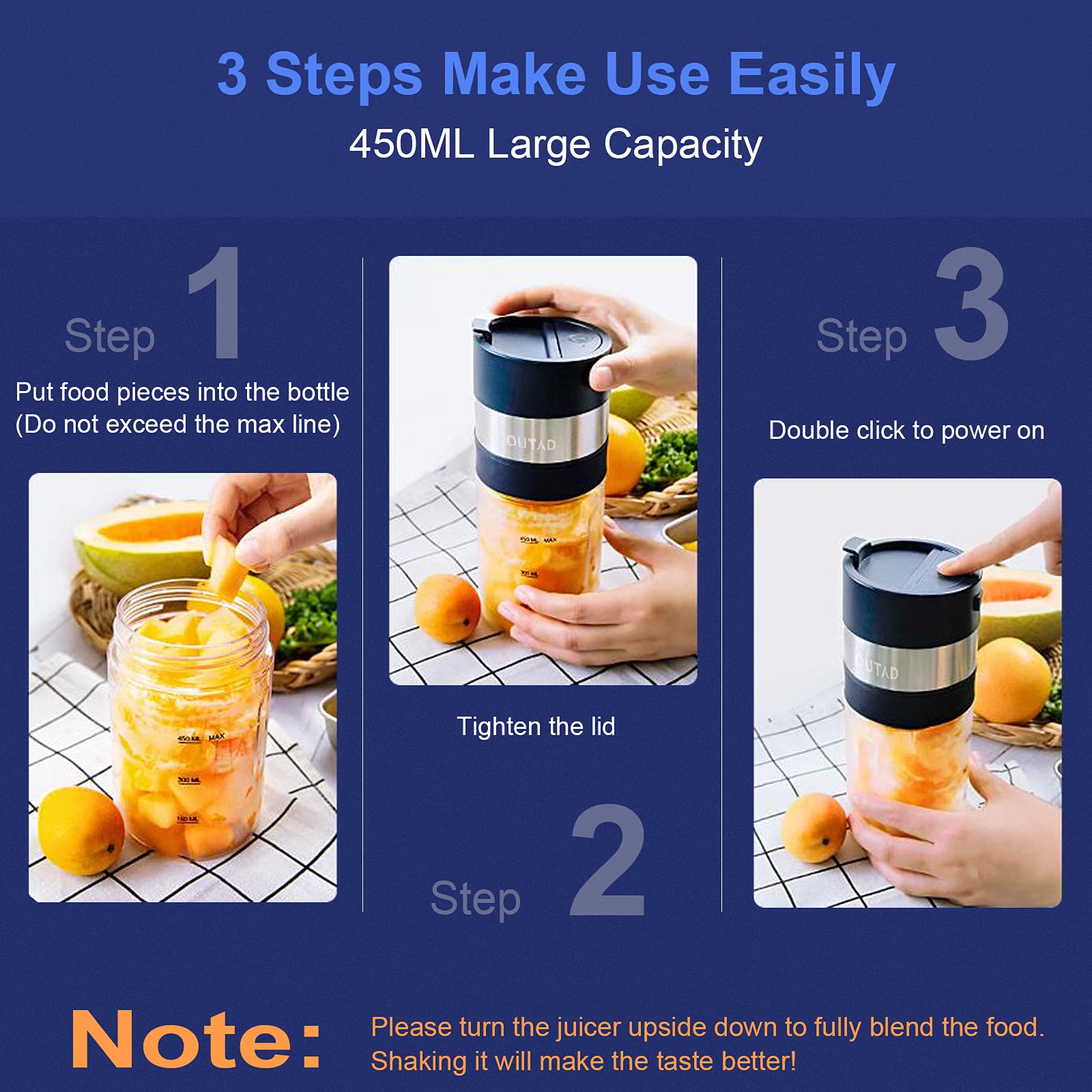 OUTAD Navy Blue 15 Oz Portable Blender, USB Rechargeable, Ice Crushing, Smoothie Maker with 6 Blades, Safety Protection System