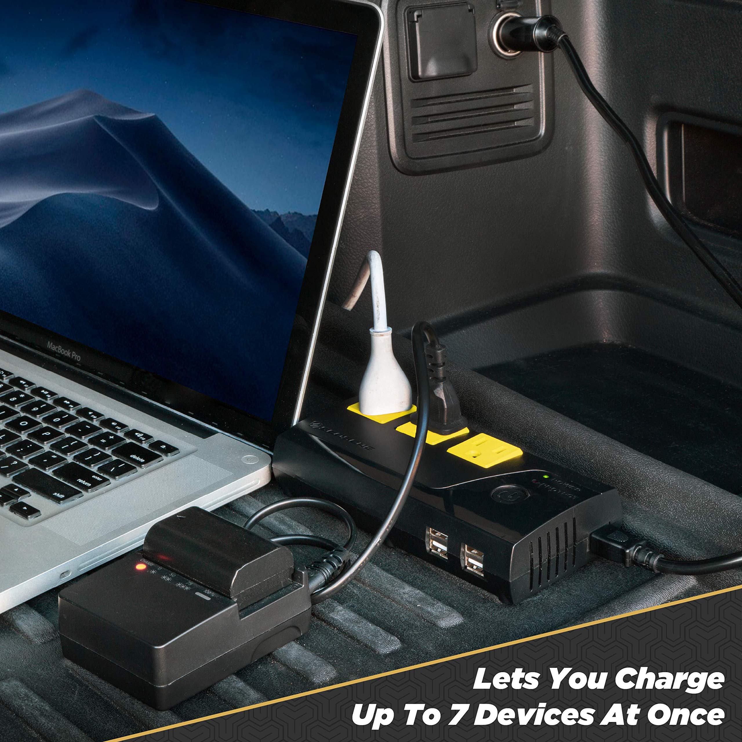 Scosche PI200PS-1 INVERT200 200W Mobile Power Inverter with 3 AC Outlets, 4 USB Ports and a 12V Car Adapter with Cable