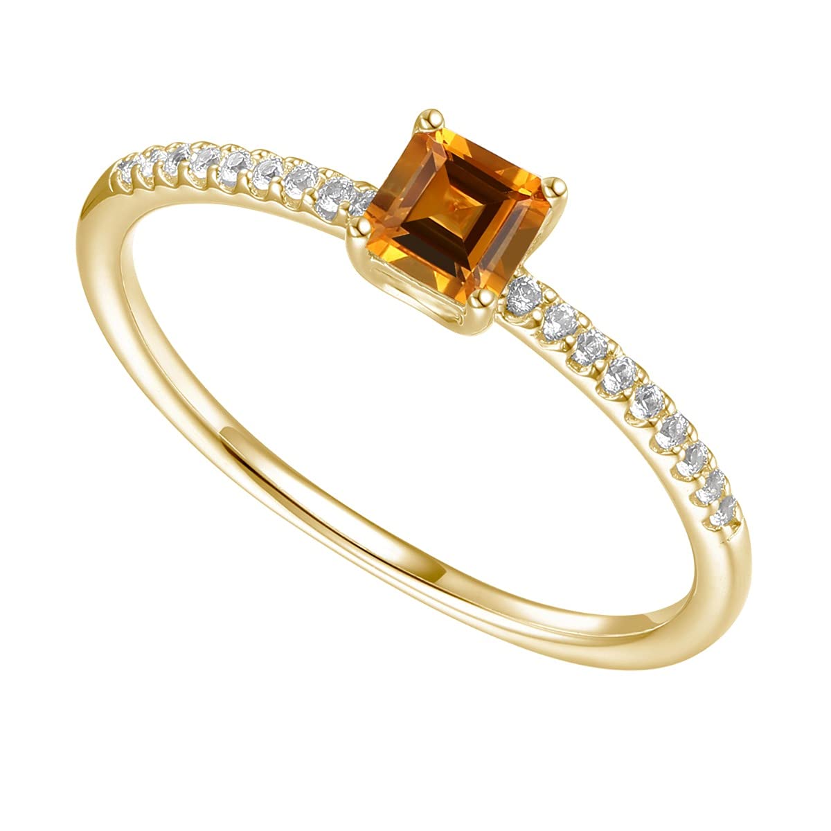 Tirafina Square Citrine and Diamond Accent Ring, 14K Yellow Gold Plated Sterling Silver Band, Solitaire Ring, Dainty Rings for Women, Thin Birthstone Rings - 0.07 CTTW (4mm stone)