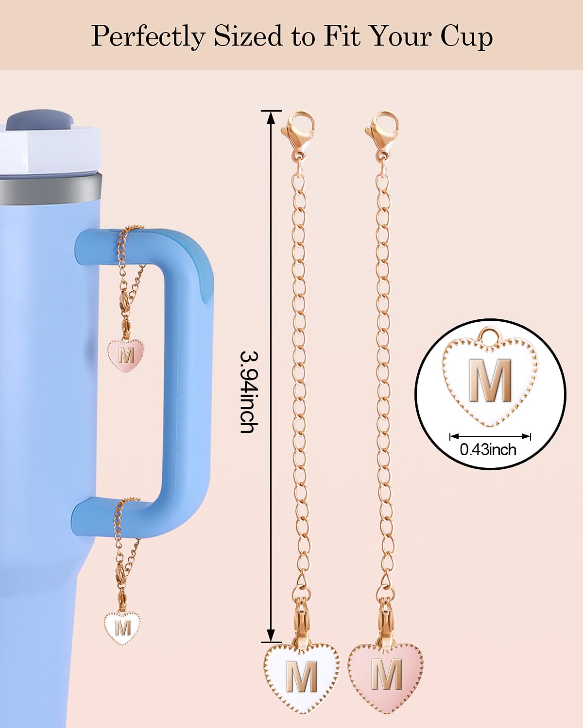 OriJoy Letter Charm Accessories for Stanley Cup, 2PCS Name ID Letter Handle Charm for Stanley/Simple Modern Tumbler, Heart Shape Initial Identification Pendant（M）