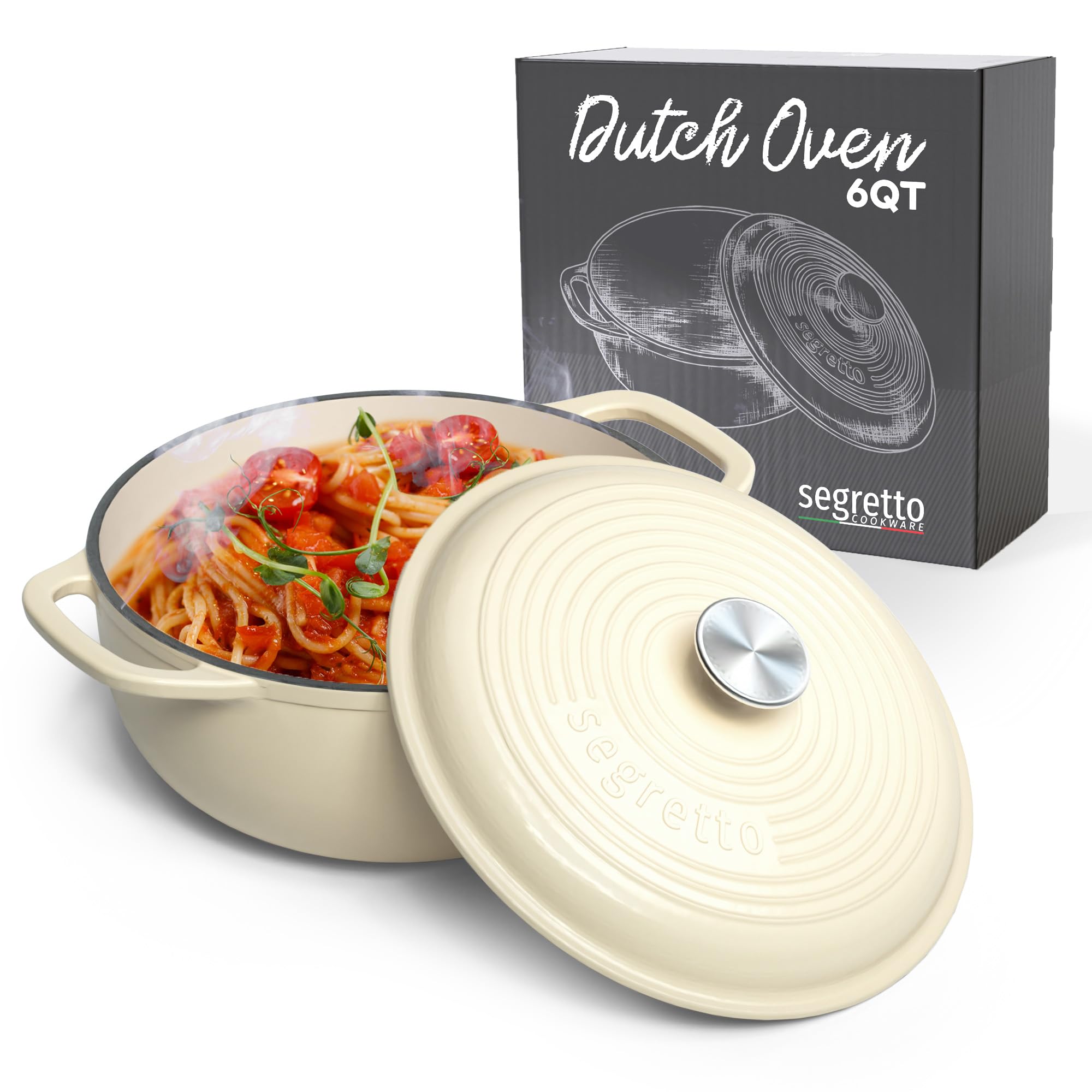Segretto Cookware Enameled Cast Iron Dutch Oven, 6 Quarts, Blue