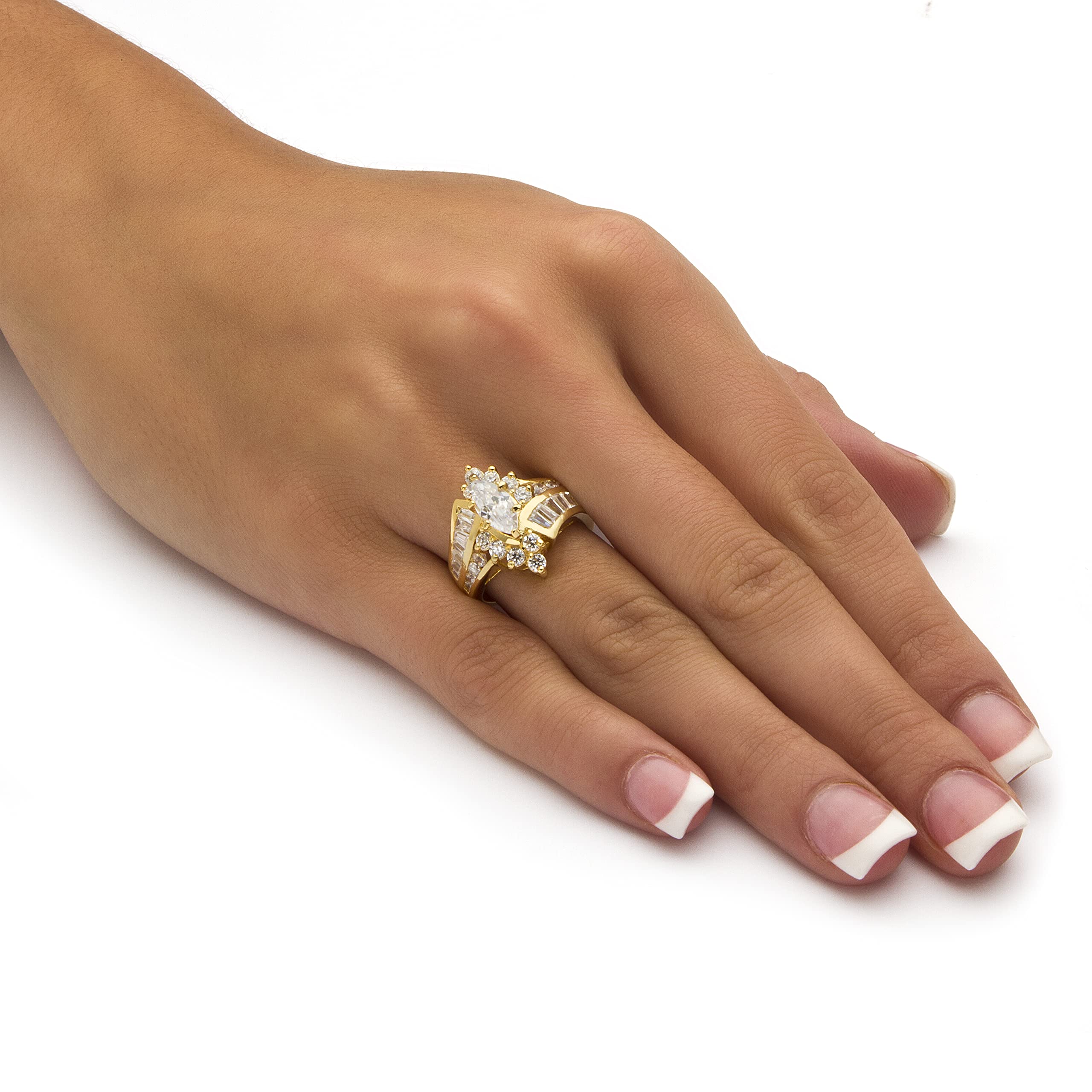 PalmBeach Yellow Gold-Plated Sterling Silver or Platinum-Plated Marquise Shaped and Baguette Cubic Zirconia Bypass Engagement Ring Size 7