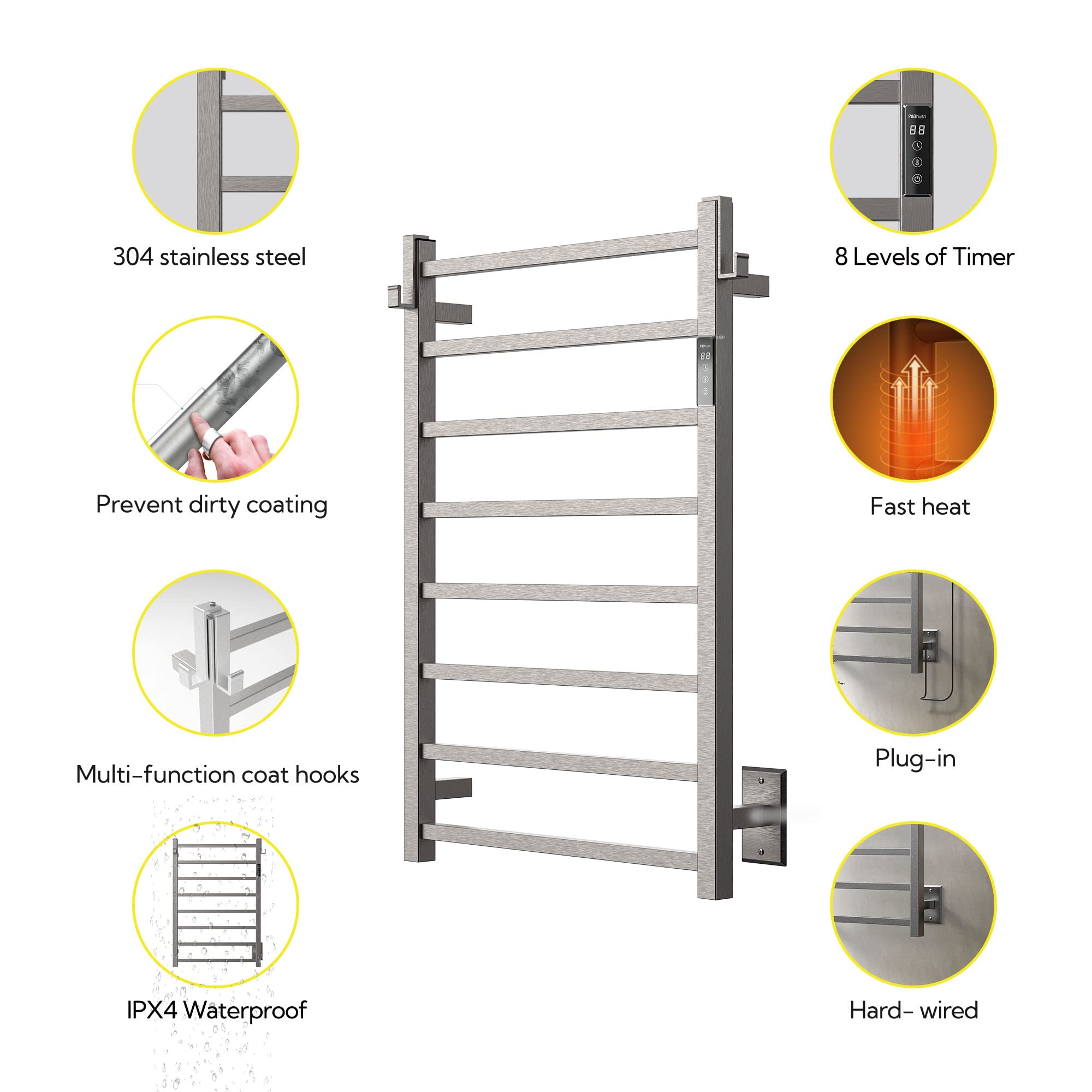 P&Bhursri Towel Warmer, 8-Bar Heated Towel Rack for Bathroom, Electric Towel Warmer with Timer & Temperature Multi-Level Adjustments, Brushed, Plug-in/Hard-Wired