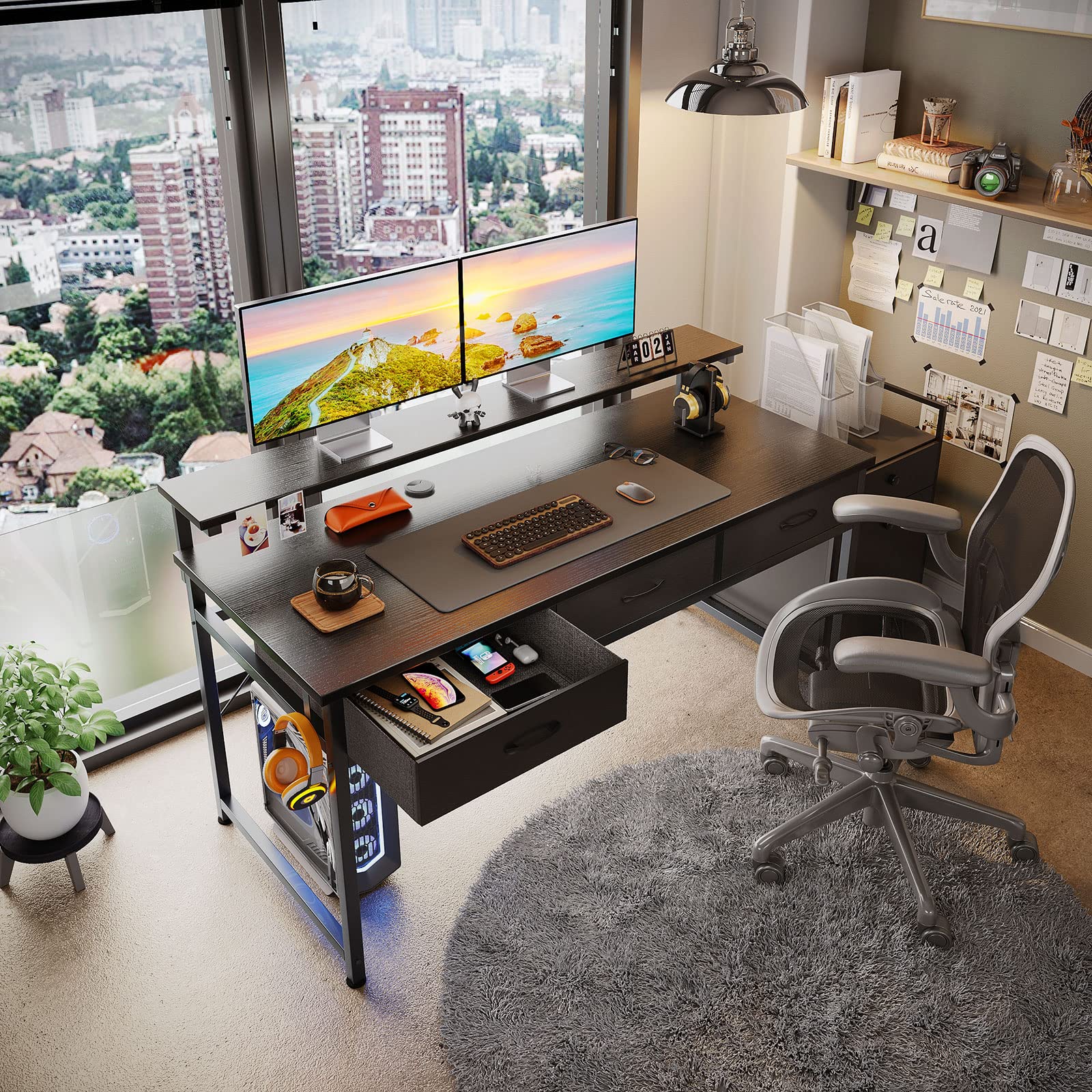 ODK 55 inch Computer Desk with Drawers, Office Desk with Adjustable Monitor Stand, Modern Work Study Writing Table Desk, Black