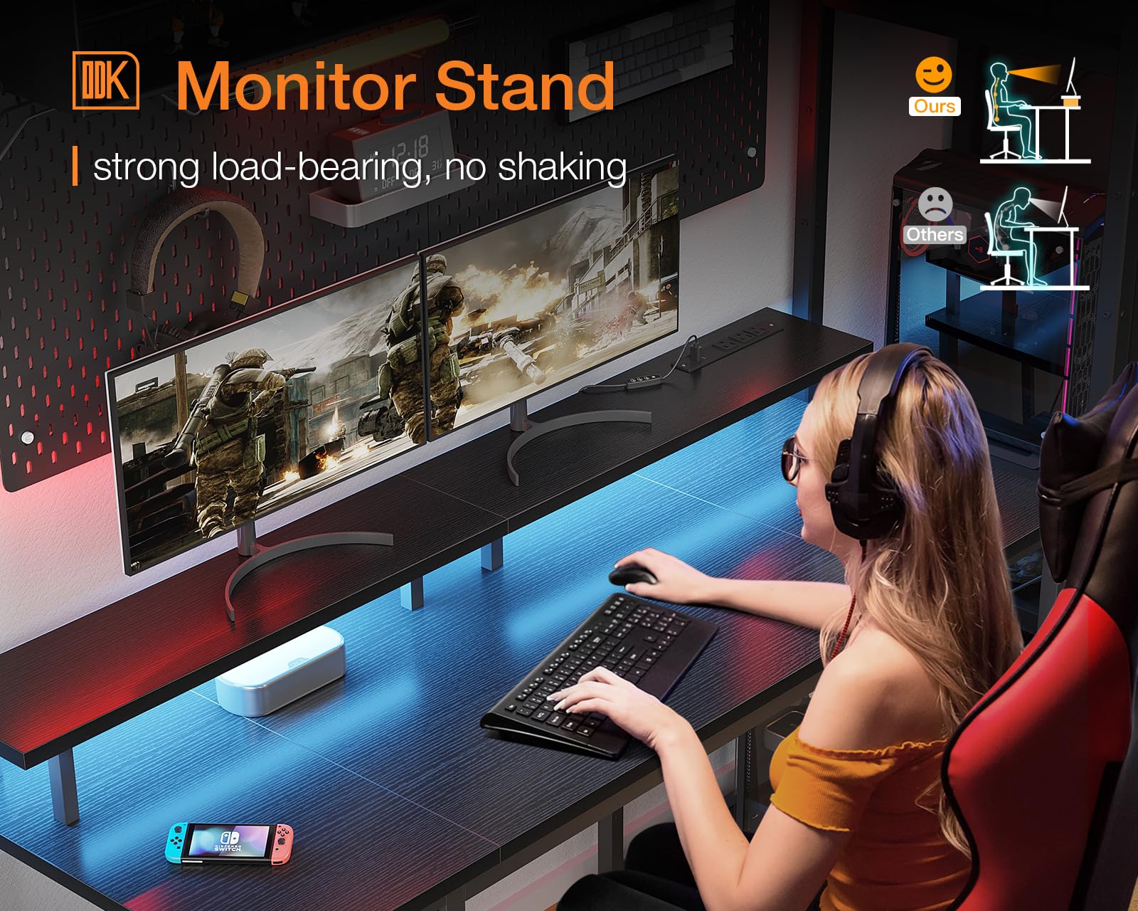 ODK 55 inch Gaming Desk with LED Lights & Power Outlets, Computer Desk with Monitor Stand & Storage Sheves, CPU Stand, Home Office Desk, Black