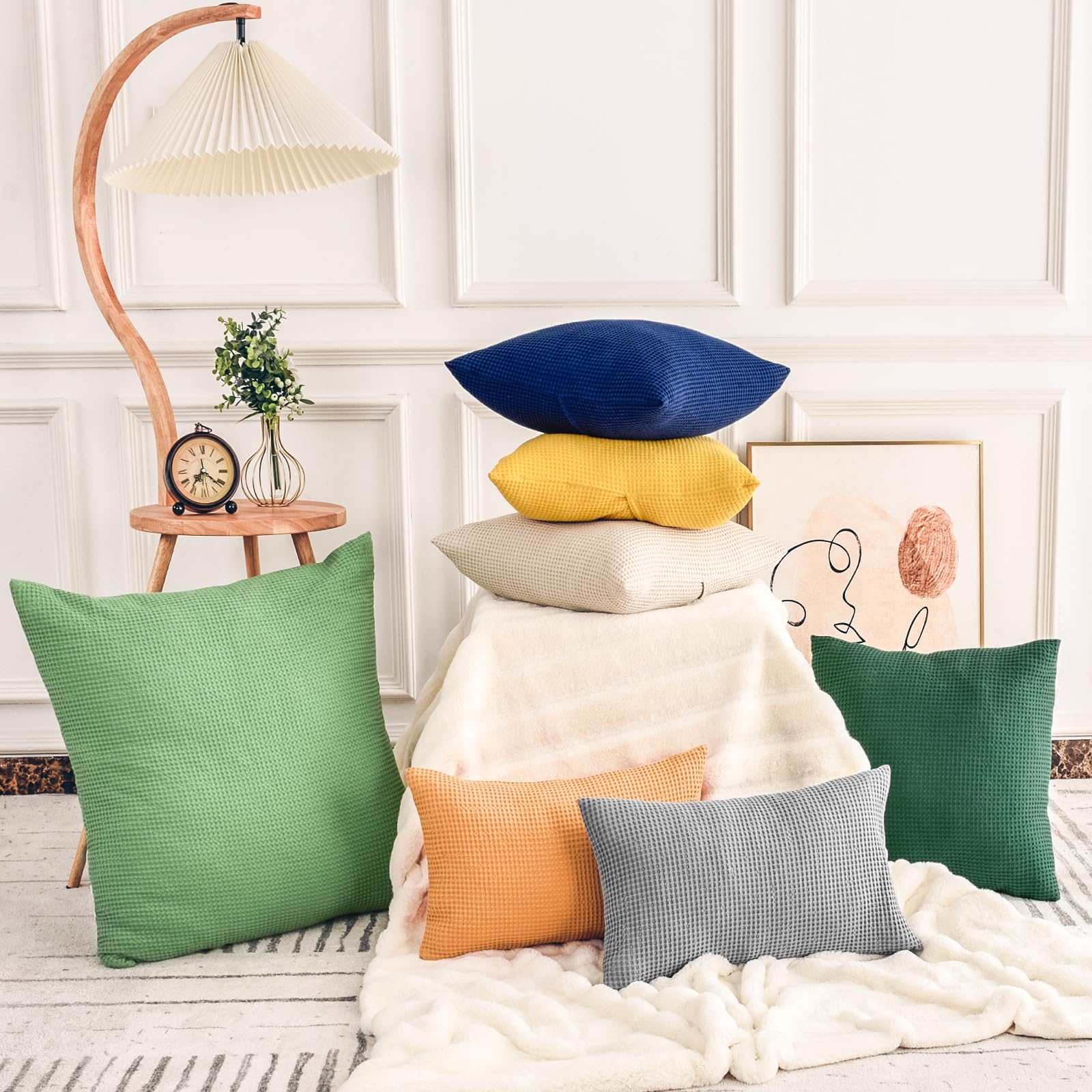 NEXHOME PRO 100% Cotton Waffle Weave Throw Pillow Covers 20x20 Inch Set of 2, Home Decorative Pillow Shams Cases 2 Pack for Bed Couch Sofa Car, No Insert, White Beige