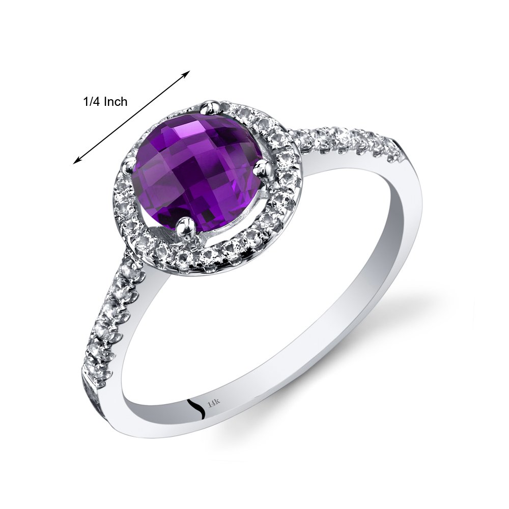 PEORA Amethyst Ring for Women 14K White Gold with White Topaz, Genuine Gemstone Birthstone, 1 Carats Round Shape 6.5mm, Halo Design, Size 8