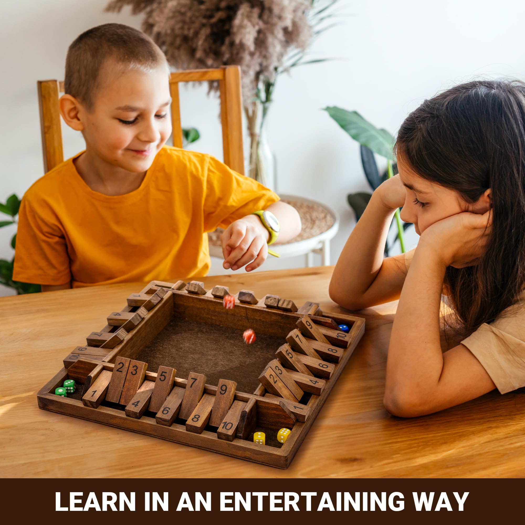 ropoda 14 Inches 4-Way Shut The Box Dice Board Game (2-4 Players) for Kids & Adults [4 Sided Large Wooden Board Game, 8 Dice + Shut-The-Box Rules] Smart Game for Learning Addition – Vintage Style