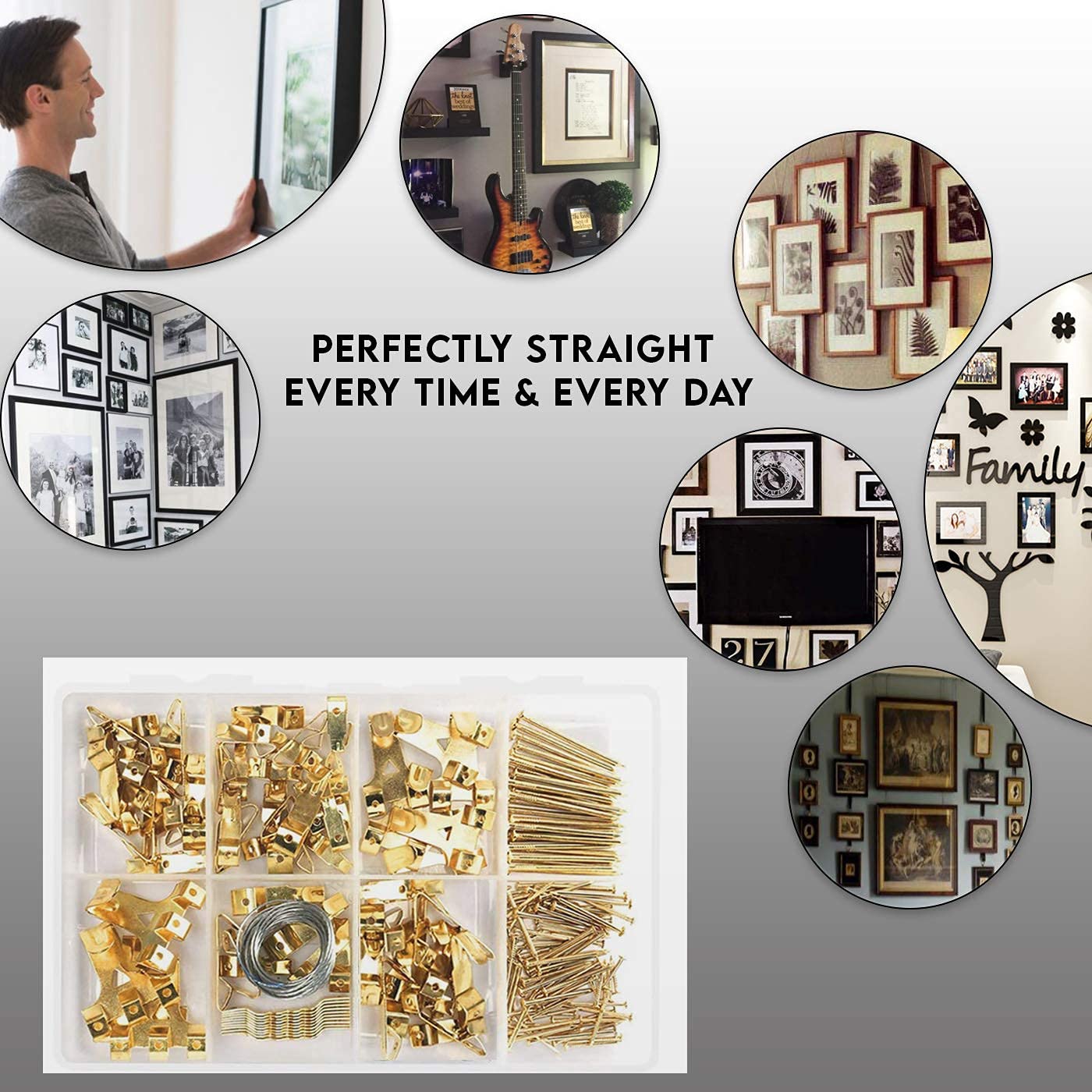Picture Hanging Tool Kit - Includes Stainless Steel Picture Hanging Hooks 211 Pcs, Level Tool, Picture Frame Hanger, Heavy Duty Photo Hanger Accessories with Hanging Kit, Wire and Nails, Gift for Dad