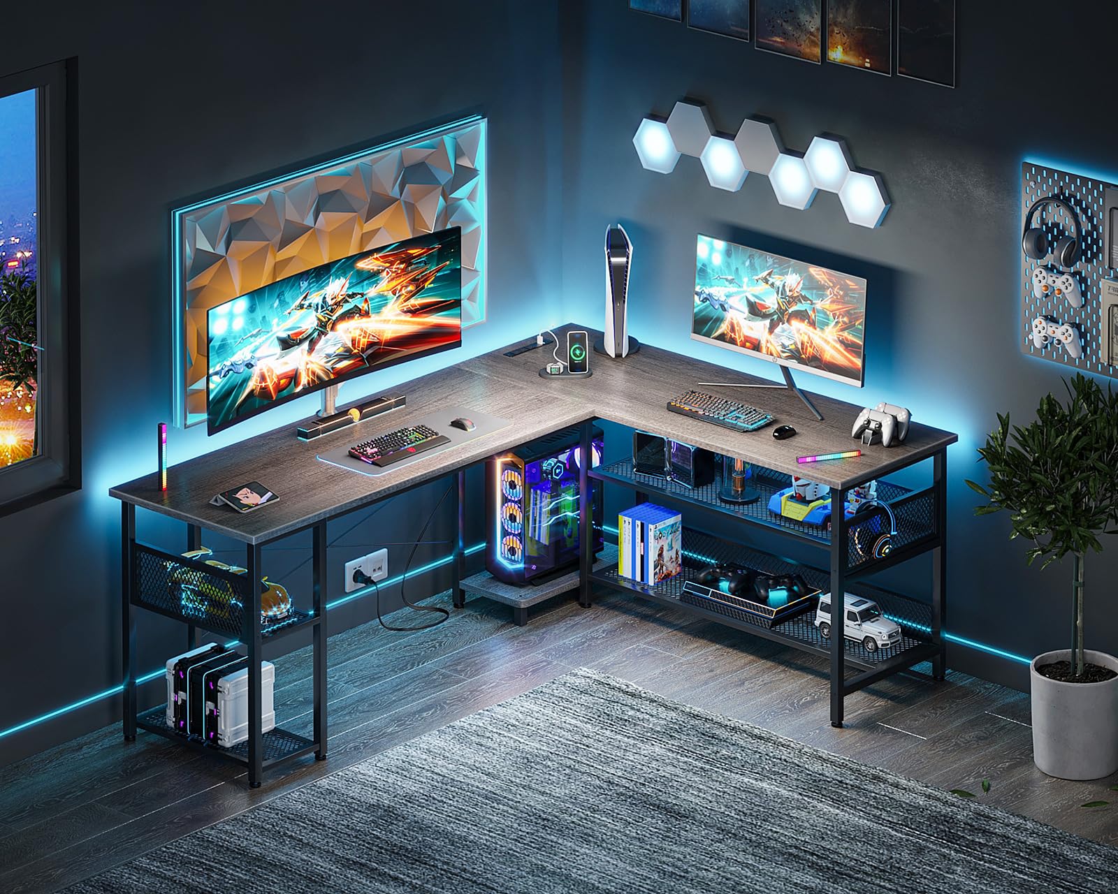 ODK 66" L Shaped Desk with Power Outlet and USB Charging Ports, Reversible L Shaped Computer Desk with Storage Shelves, Home Office Desk, Gaming Desk, Corner Desk, Grey Oak