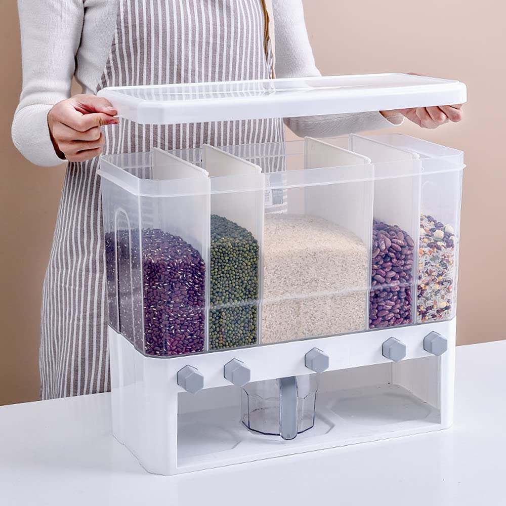 xingxinqi Cereal Dispenser Plastic Clear Dry Food Dispenser with Lid 5 Grid Rice Dispenser Storage Box Rice Bucket Container, White (55B27DSKDFI177WC0541W)