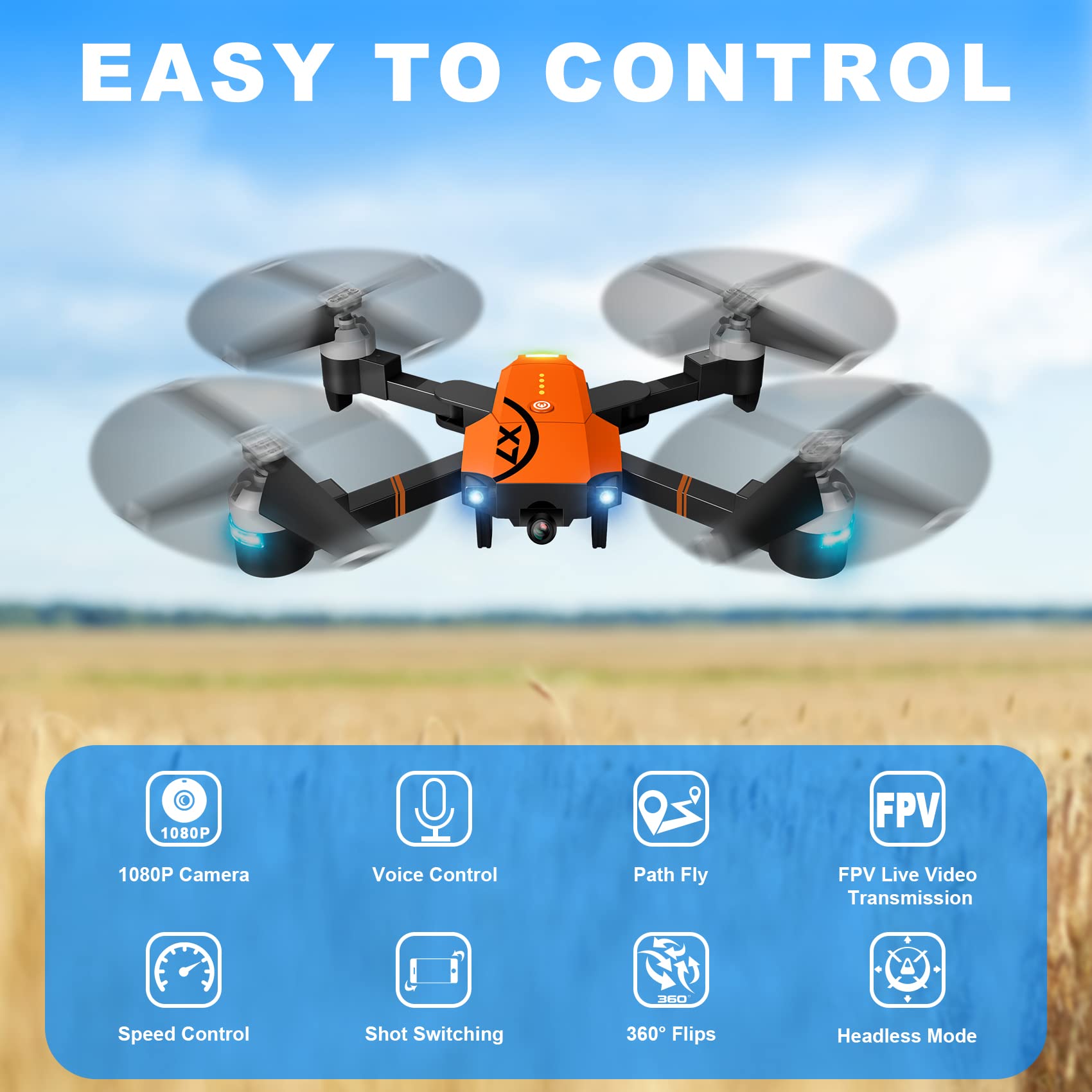 ORKNELY 1080P WiFi FPV Quadcopter Drone with Camera - For Adults and Kids, Headless Mode, Altitude Hold, One Key Takeoff/Landing