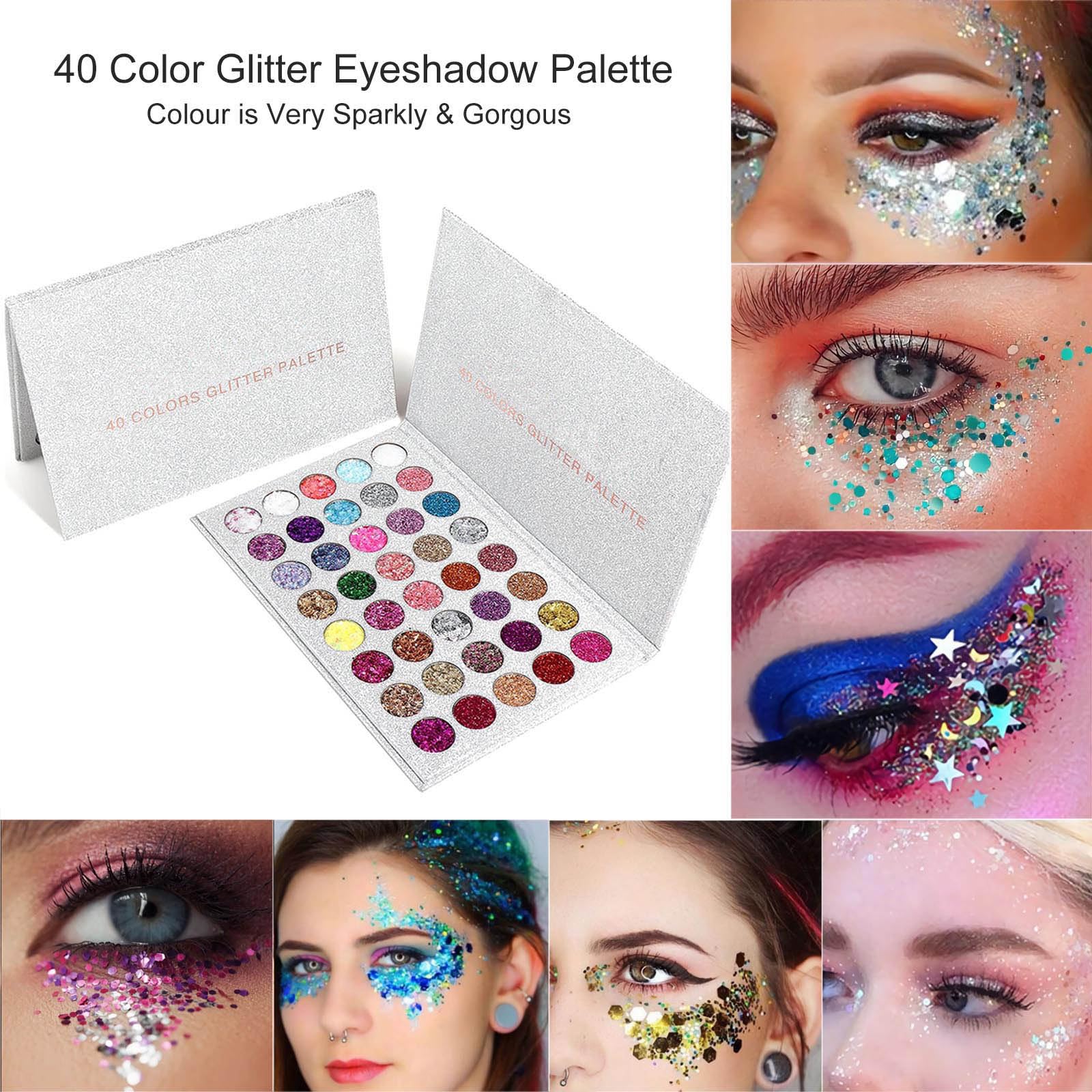 SUMEITANG 40 Colors Pressed Chunky Glitter Eyeshadow Palette, Self Adhesive Glue Gel Glitter Highly Pigmented Colourful Shimmer Glitter Eye Shadow Pallet For Women Girls Long Lasting Sparkle Makeup