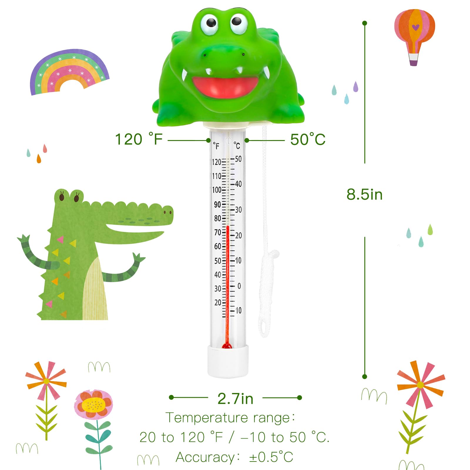 XY-WQ Floating Pool Thermometer, Large Size Easy Read for Water Temperature with String - Swimming Pools, Spas, Hot Tubs, Ponds (Alligator)